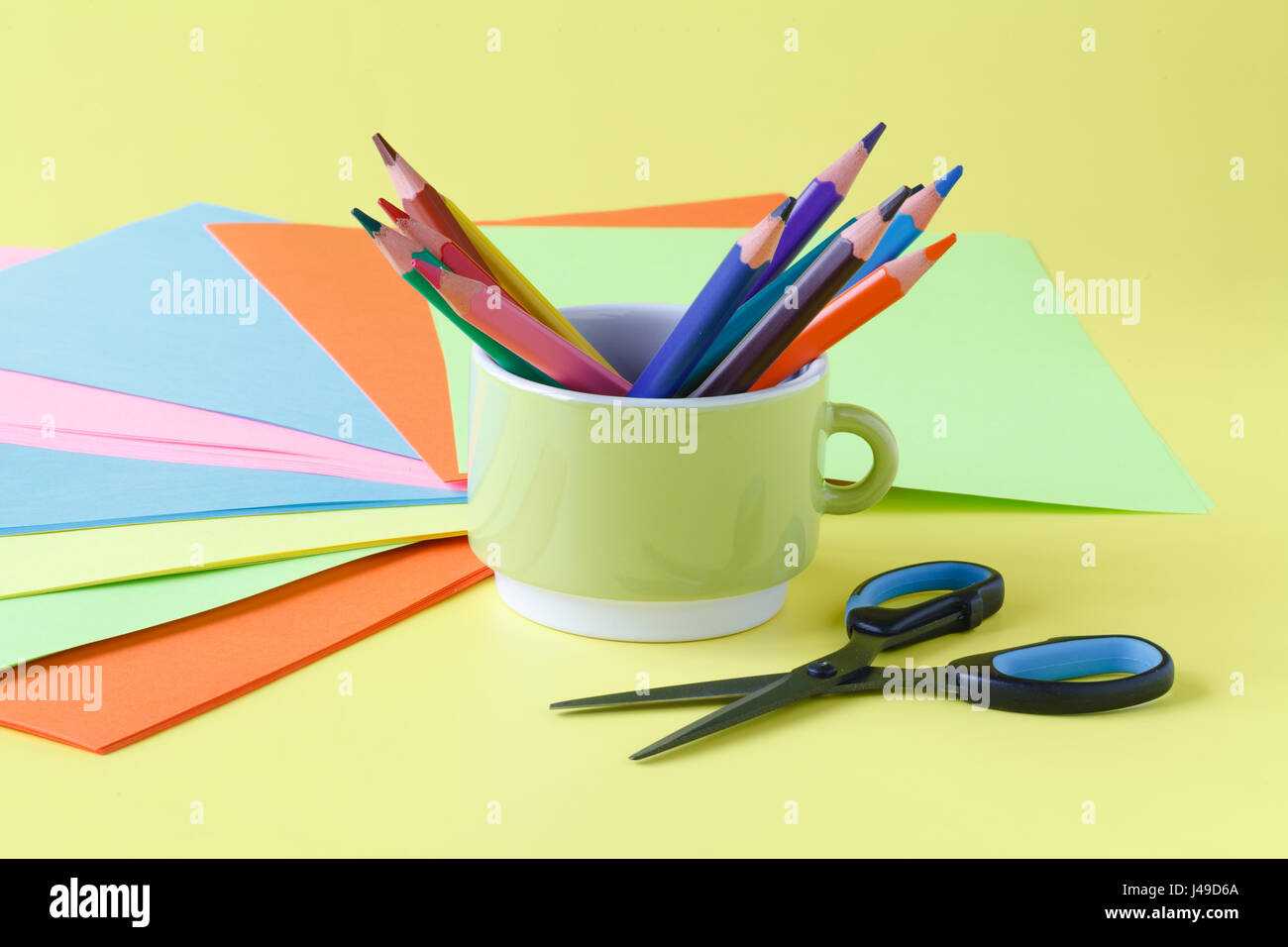 children's creativity, pencils, scissors, colored paper, there is a ...