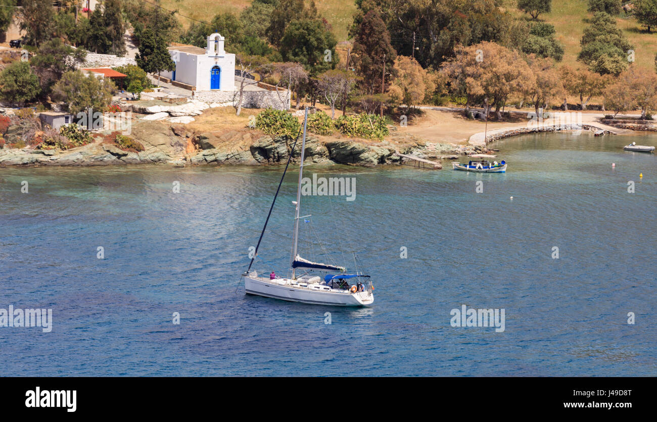 Small church and sailing boat - Greece, Kea island Stock Photo - Alamy