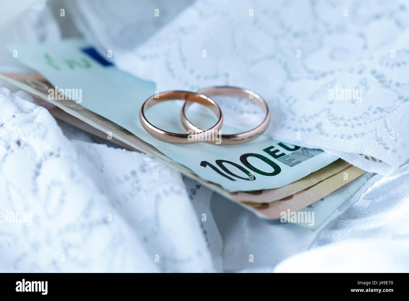 Wedding cost concept by rings and money and the bride dress in ...