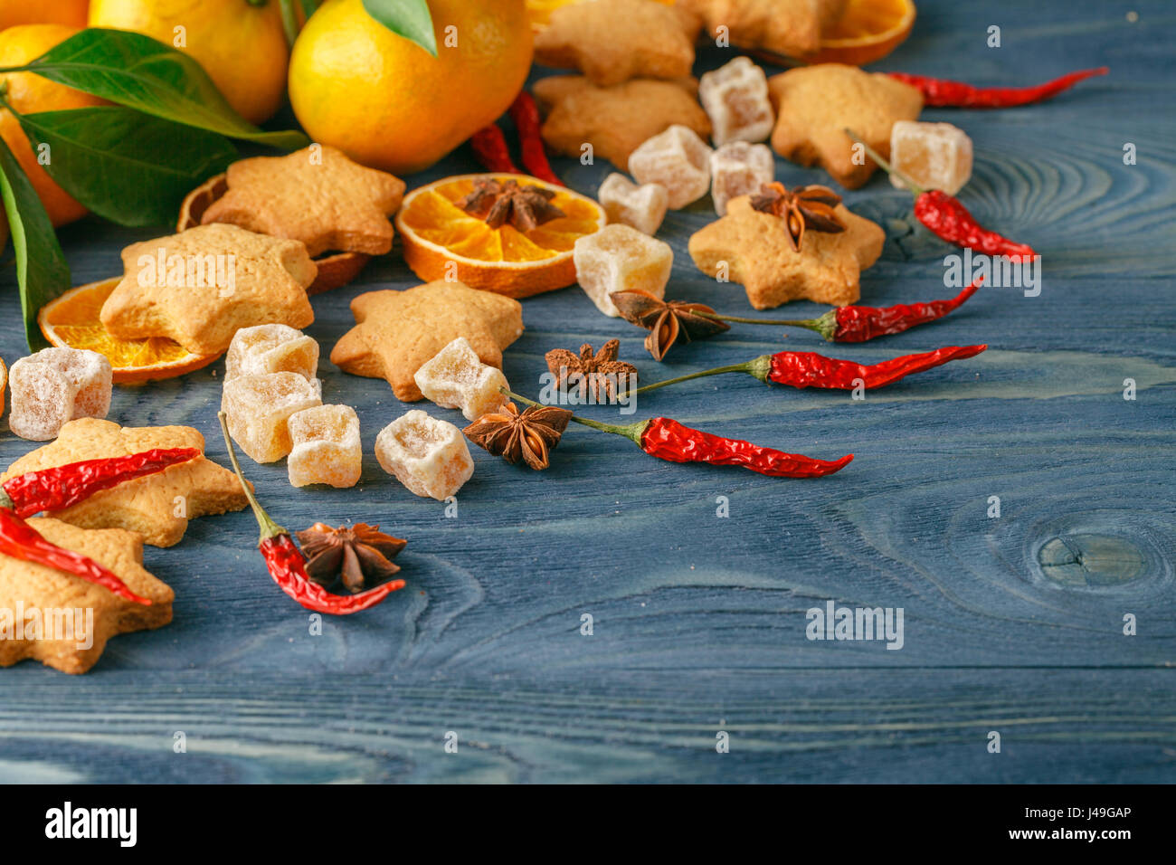 festive xmas background with lot of fruits Stock Photo - Alamy