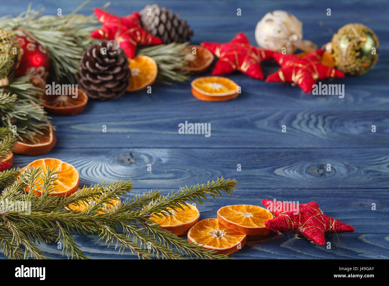 Christmas border with decorations on wooden rustic background. Happy ...