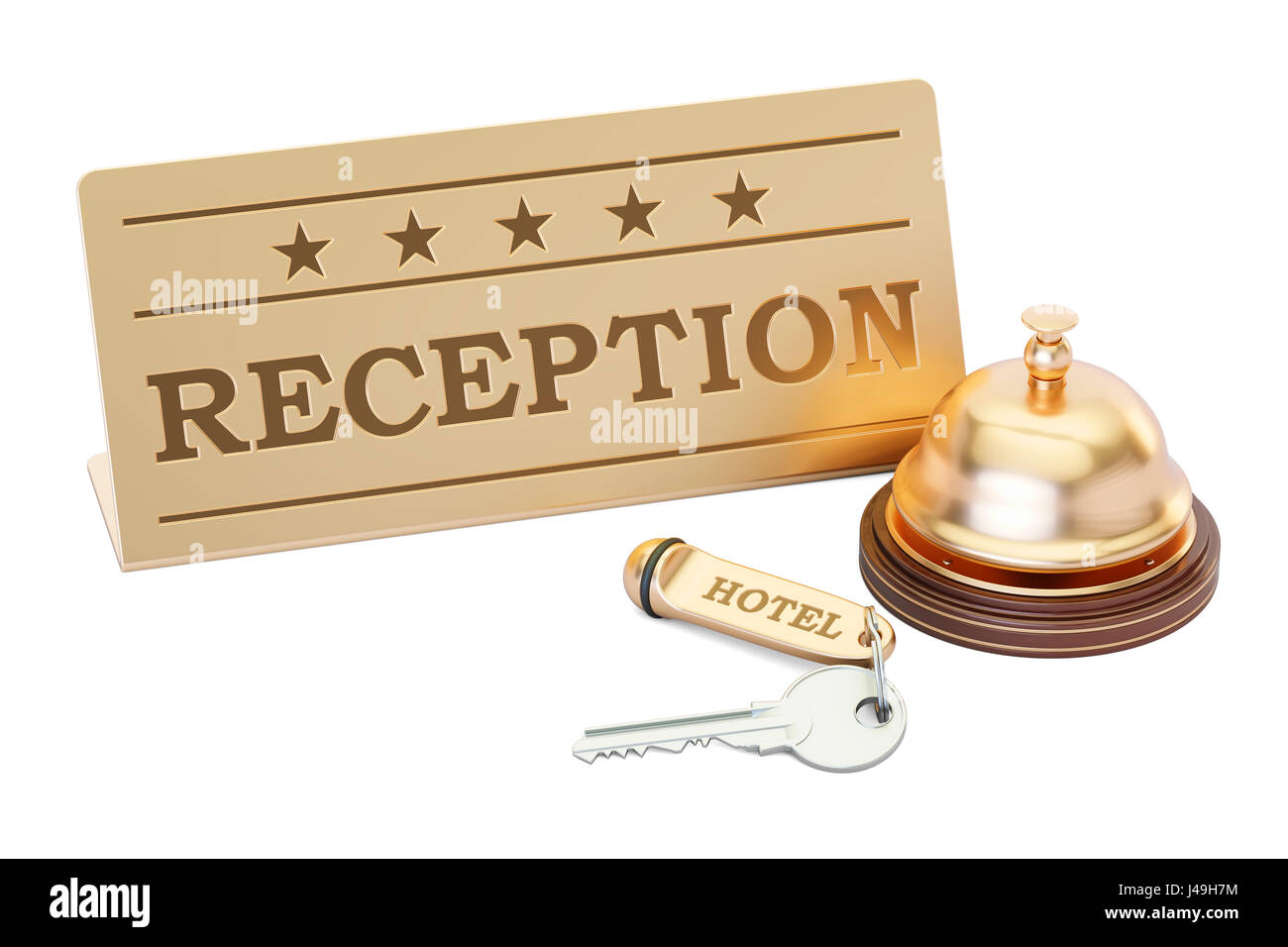 Hotel key and reception bell with reception plate, 3D rendering ...