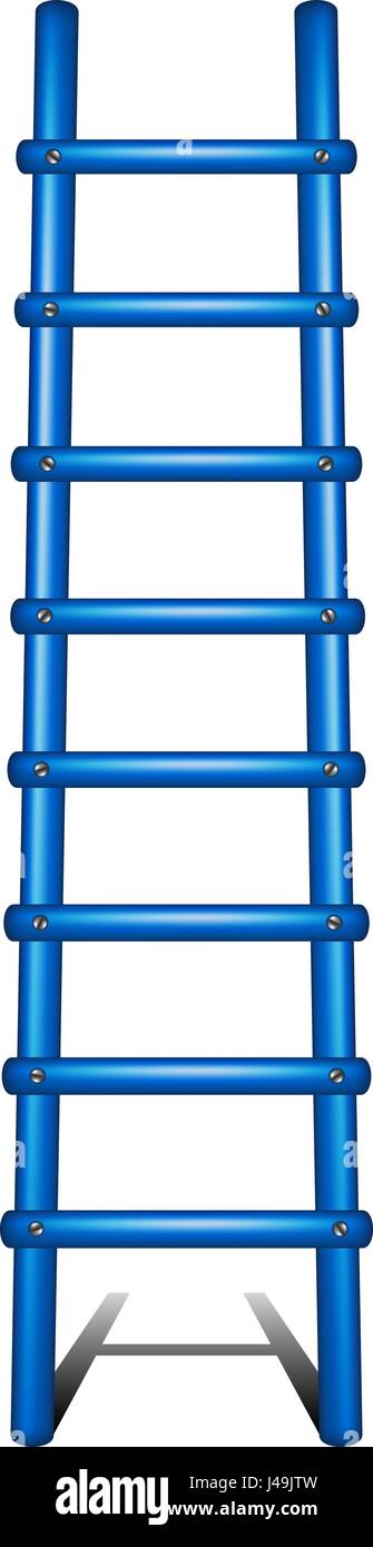 Wooden ladder in blue design with shadow leading up on white background ...