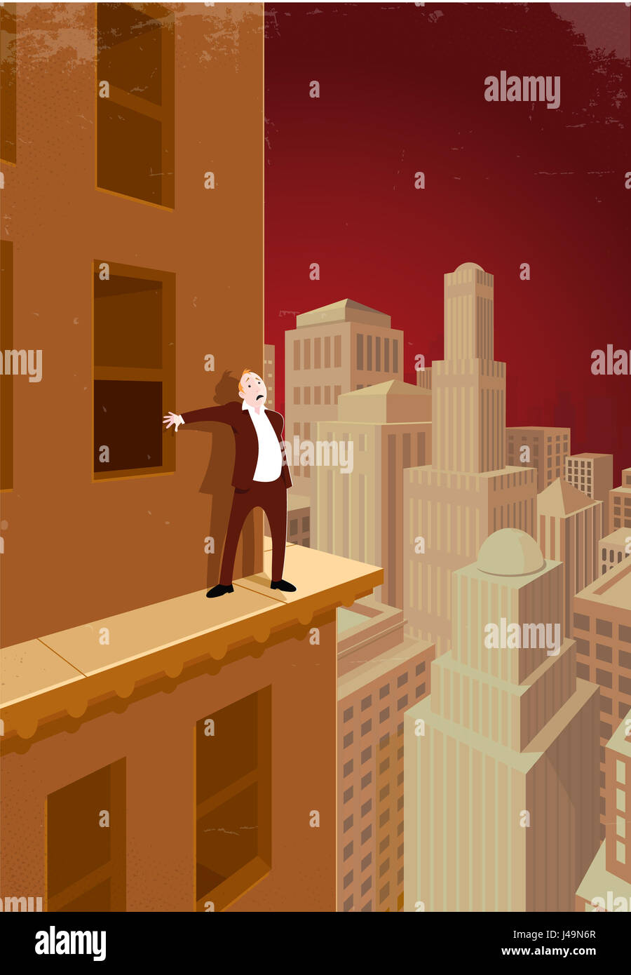 Frightened man standing on cornice Stock Photo - Alamy
