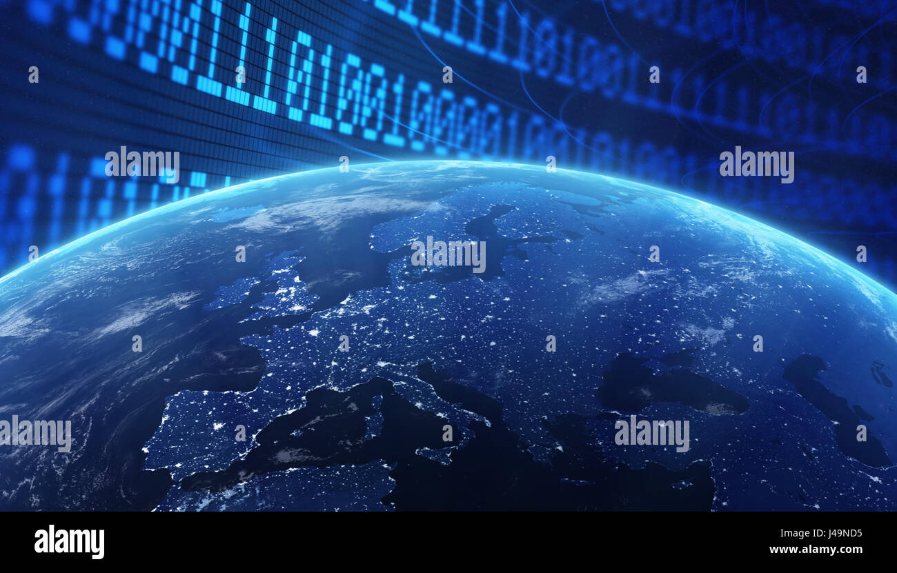 World with a binary code background - internet concept 3d illustration ...