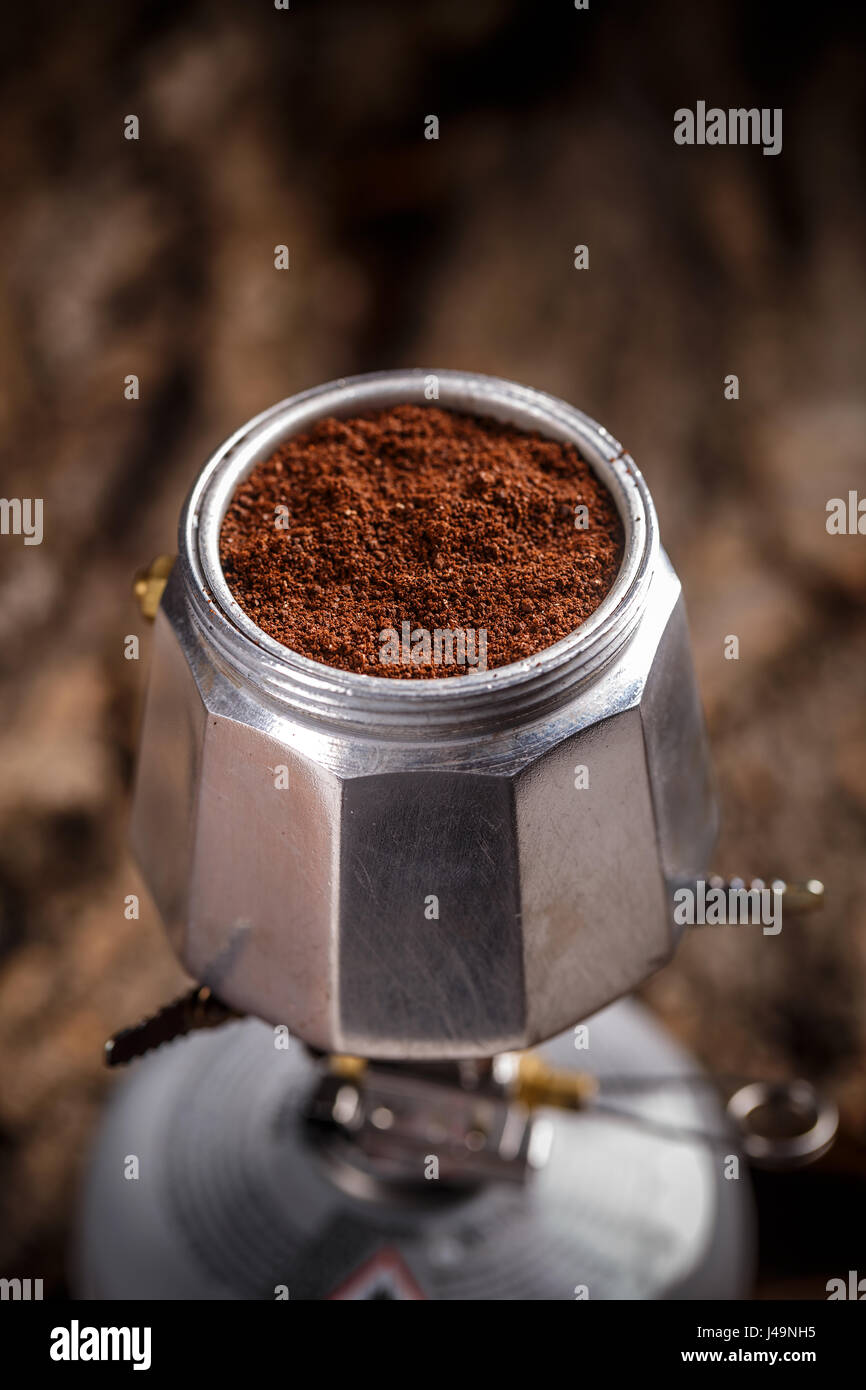 Old coffee maker filled with ground coffee Stock Photo - Alamy