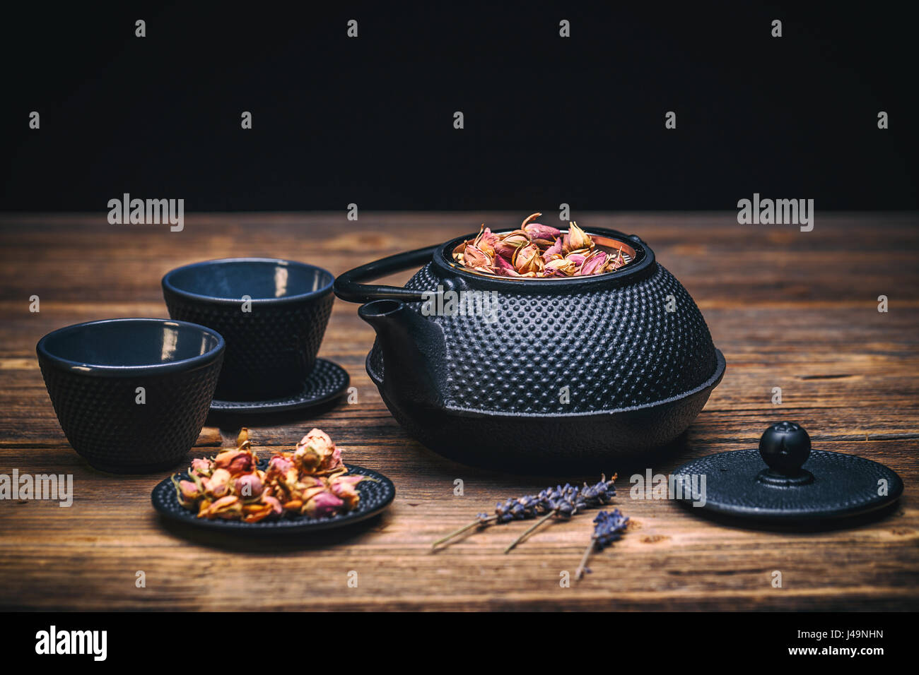 Image of traditional eastern teapot and teacups on wooden desk Stock ...