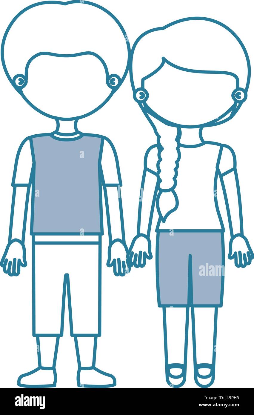 blue contour with color sections faceless couple girl with side braid ...