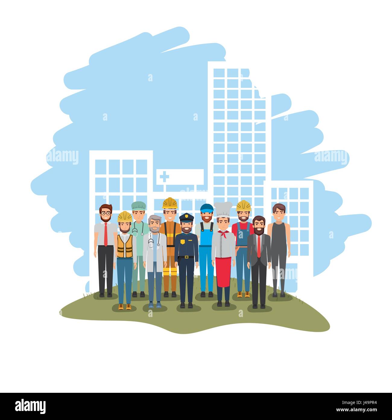 color landscape with buildings of background and group of men of ...