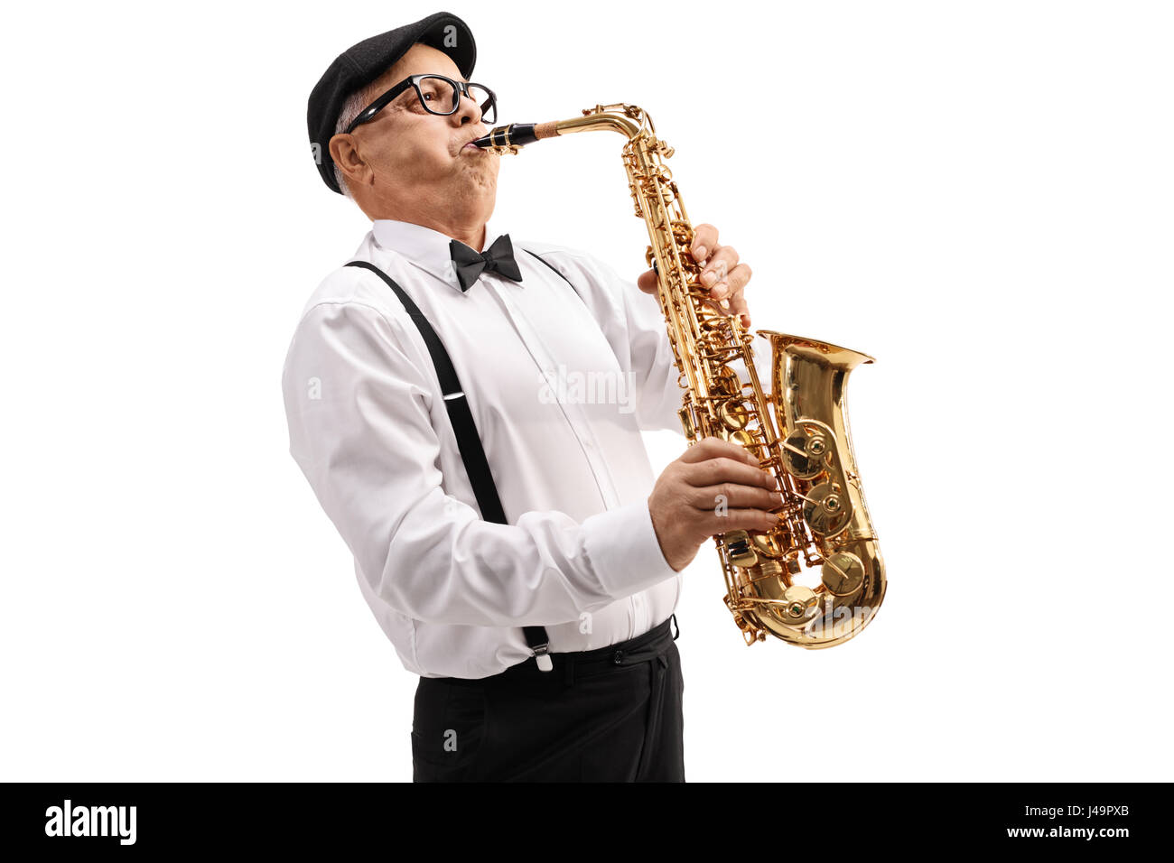 Mature jazz musician playing a saxophone isolated on white background ...