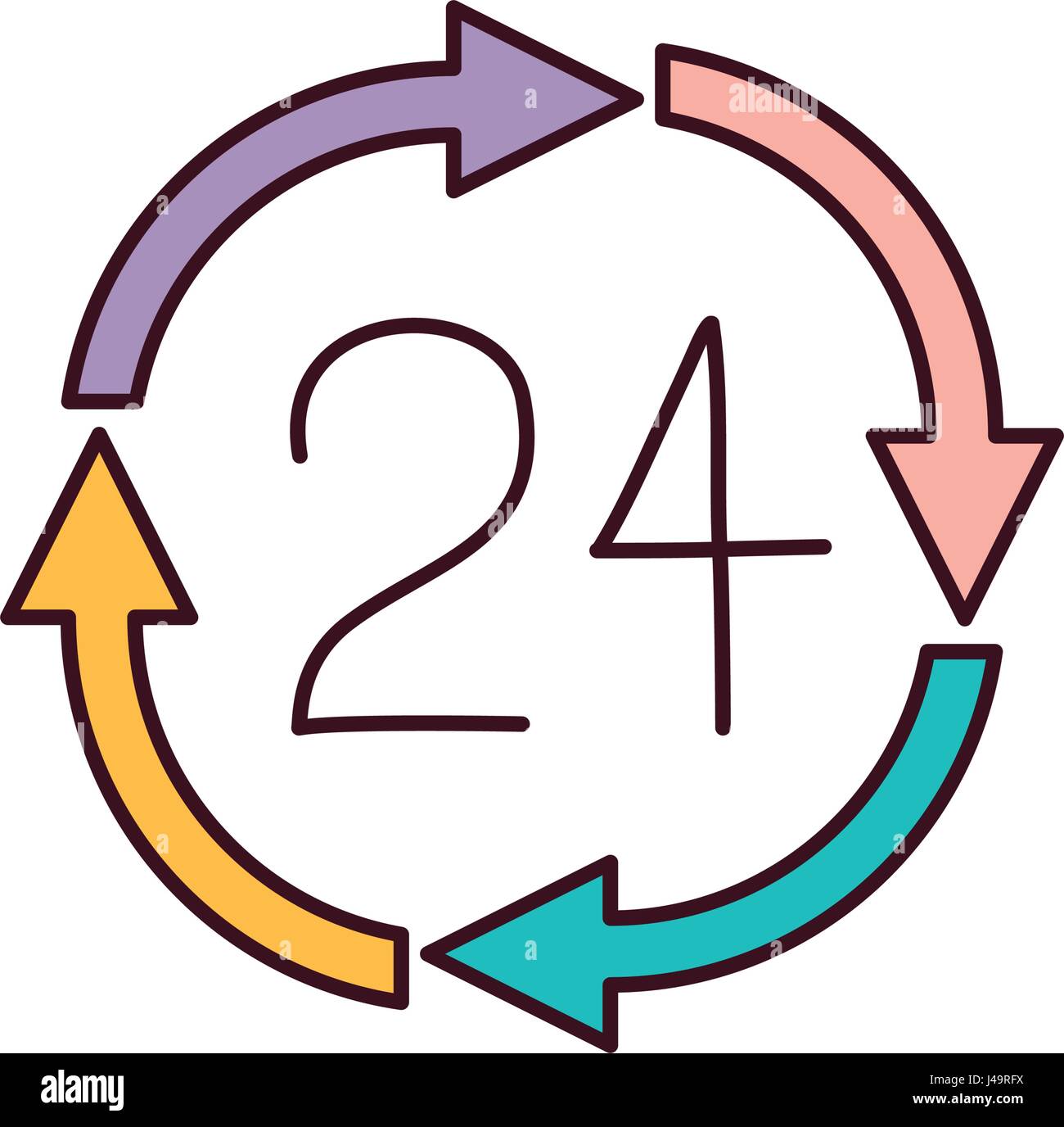 white background with 24 hours arrow circle icon and black contour ...