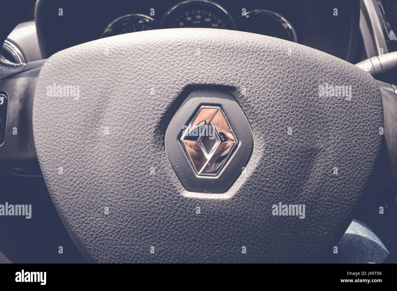 cairo, egypt, may 6, 2017: closeup of renault logo on Steering wheel ...