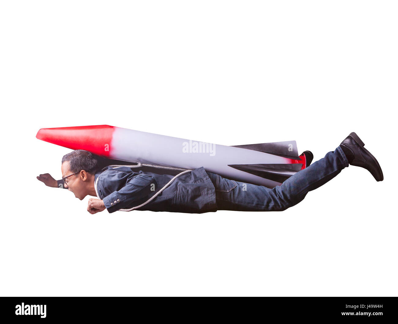 asian business man flying with rocket power isolated white background ...