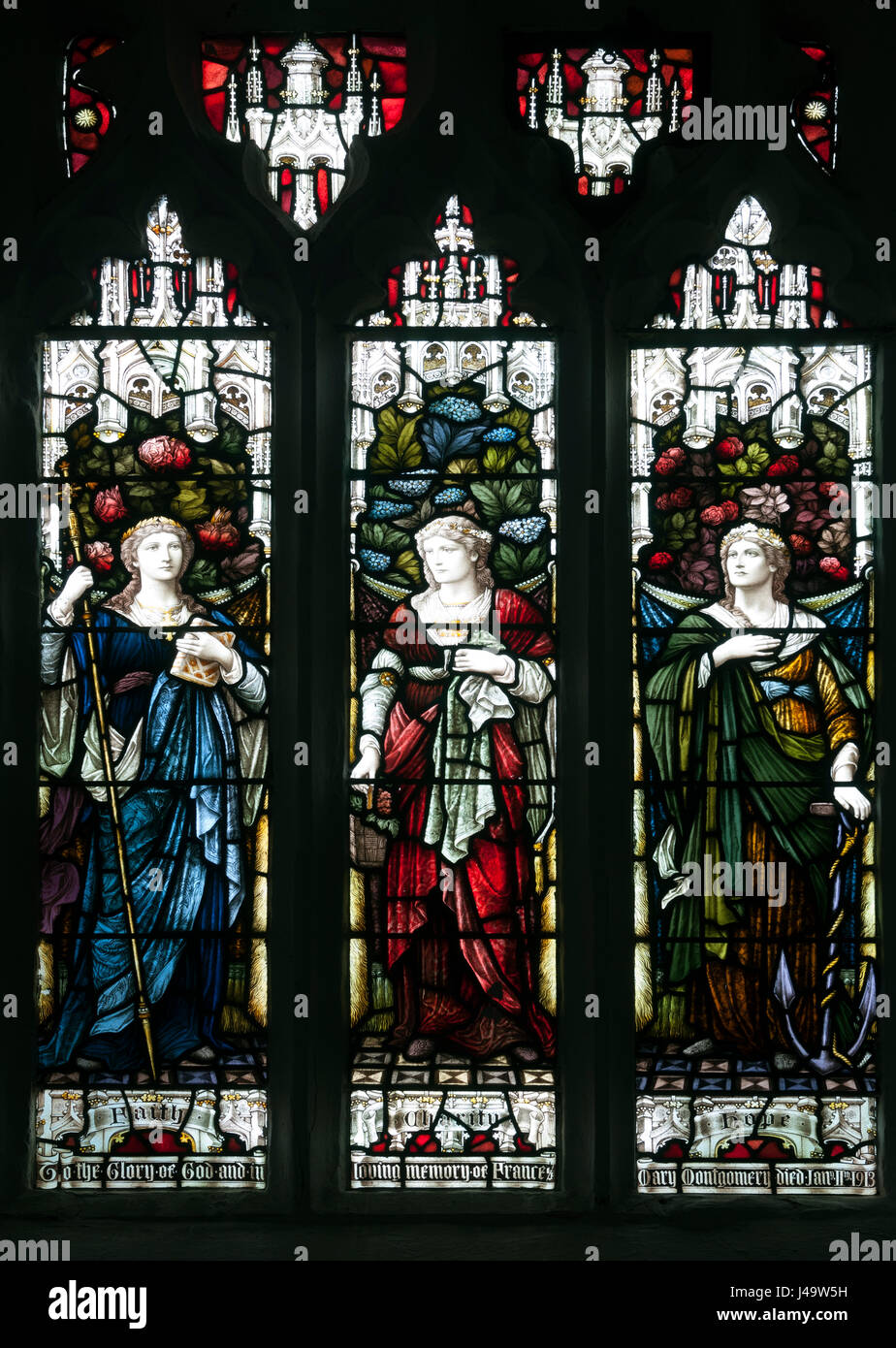 Faith, Charity and Hope stained glass, St Mary and All Saints Church ...