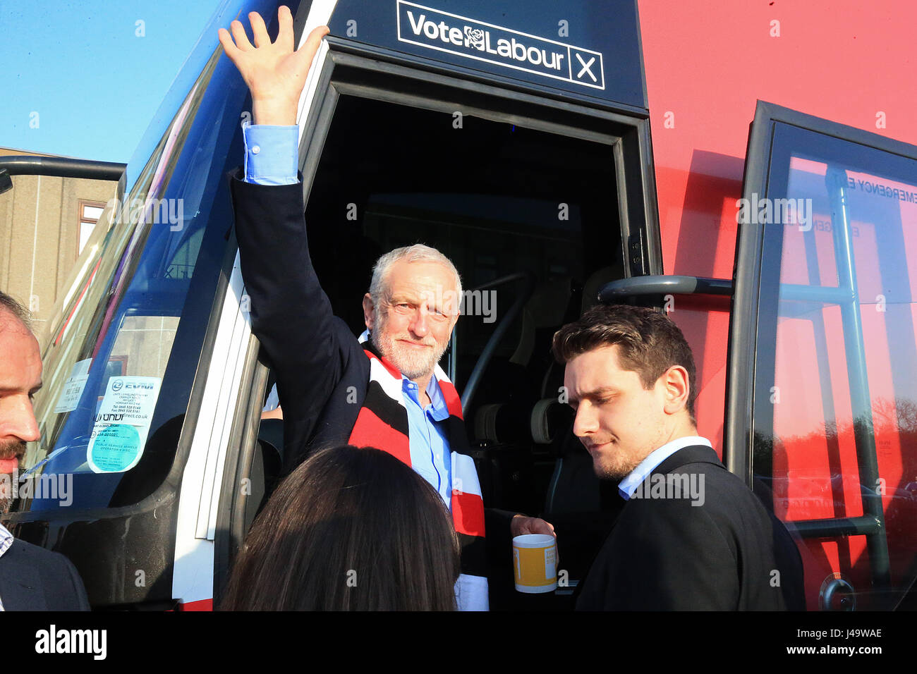 Labour leader Jeremy Corbyn wears a Rotherham United scarf after making ...