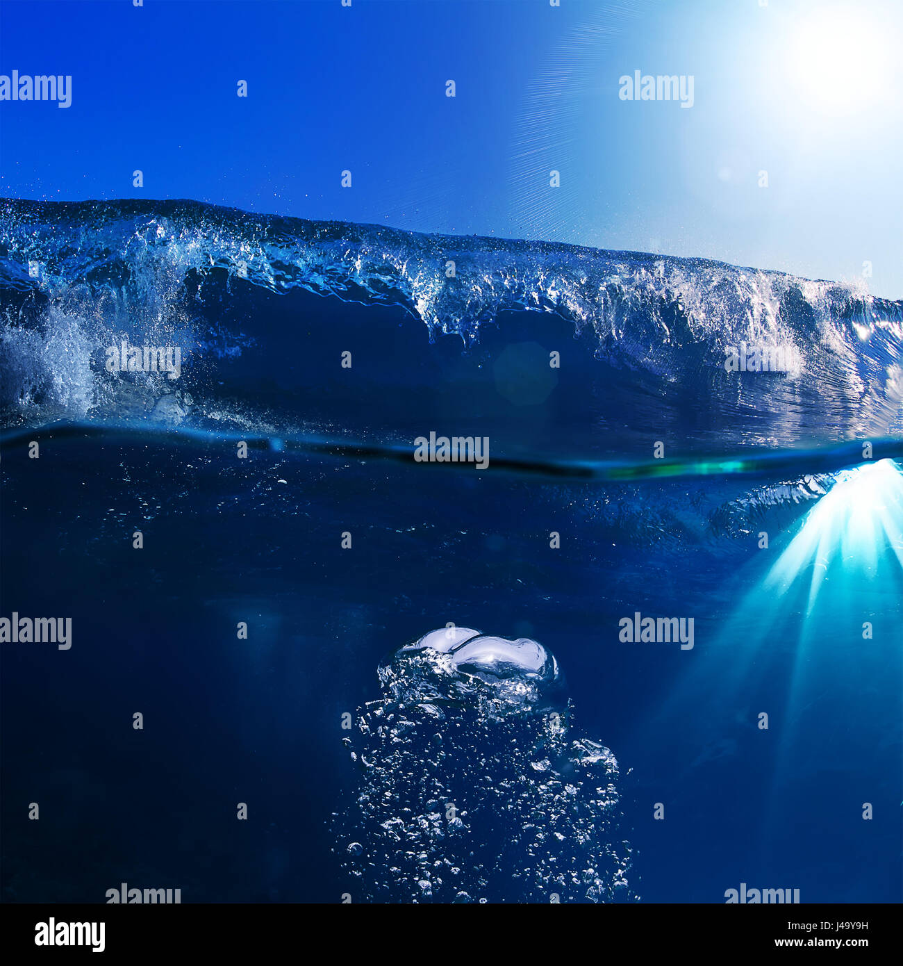 ocean-view seascape with blue sky and sunlight big curly ocean wave ...