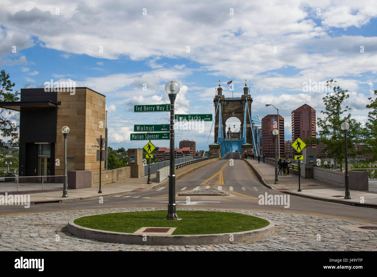 Image of the John A. Roebling Suspension Bridge with street sign in the ...