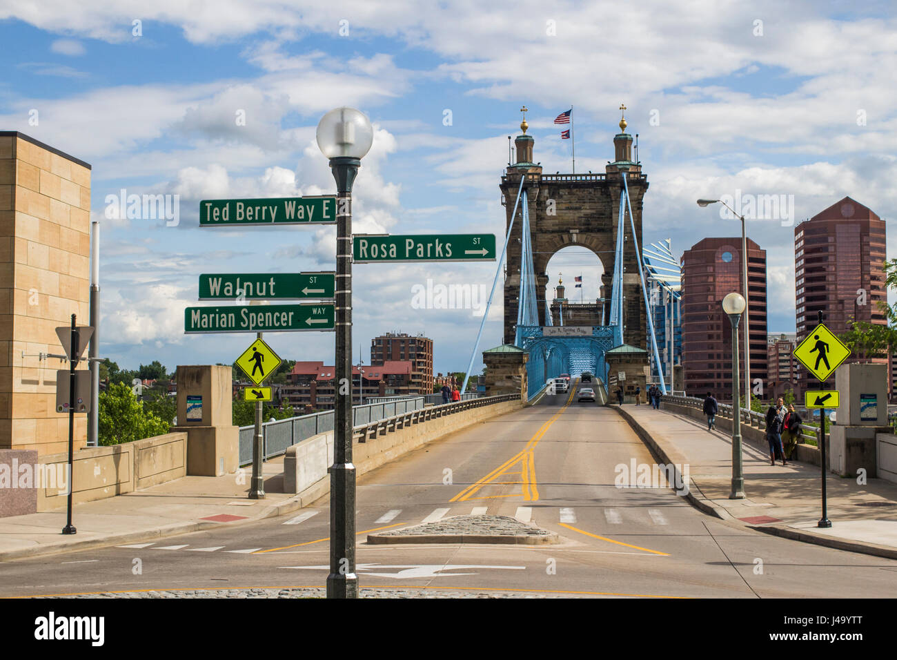 Image of the John A. Roebling Suspension Bridge with street sign in the ...