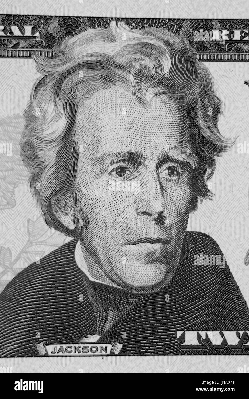 Closeup Of Andrew Jackson On Twenty Dollar American Banknote Stock