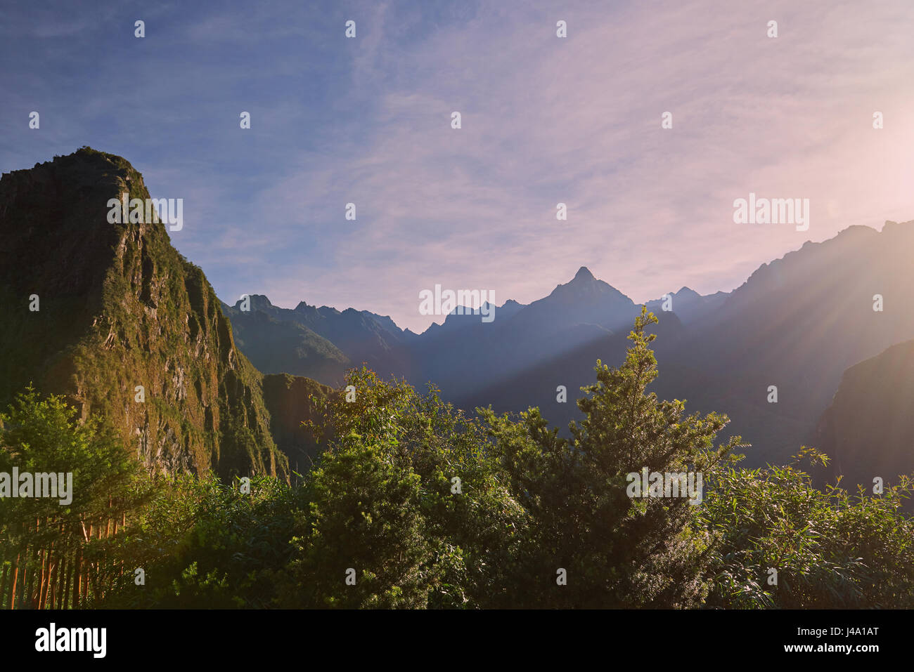 Sunrise under machu picchu mountains. Peruvian andes landscape Stock ...