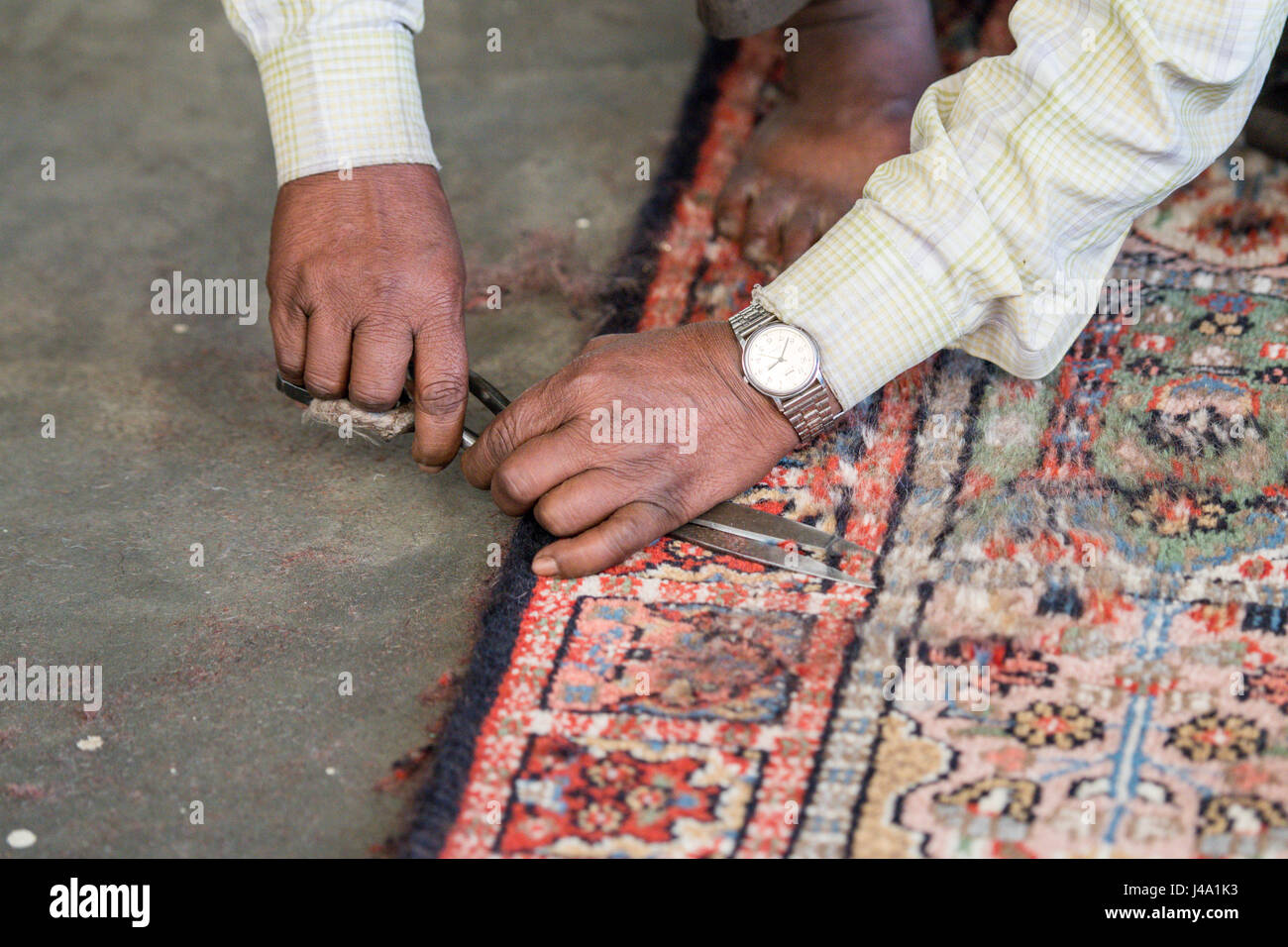 Jaipur, India - Indian man trimming oriental rug Stock Photo - Alamy
