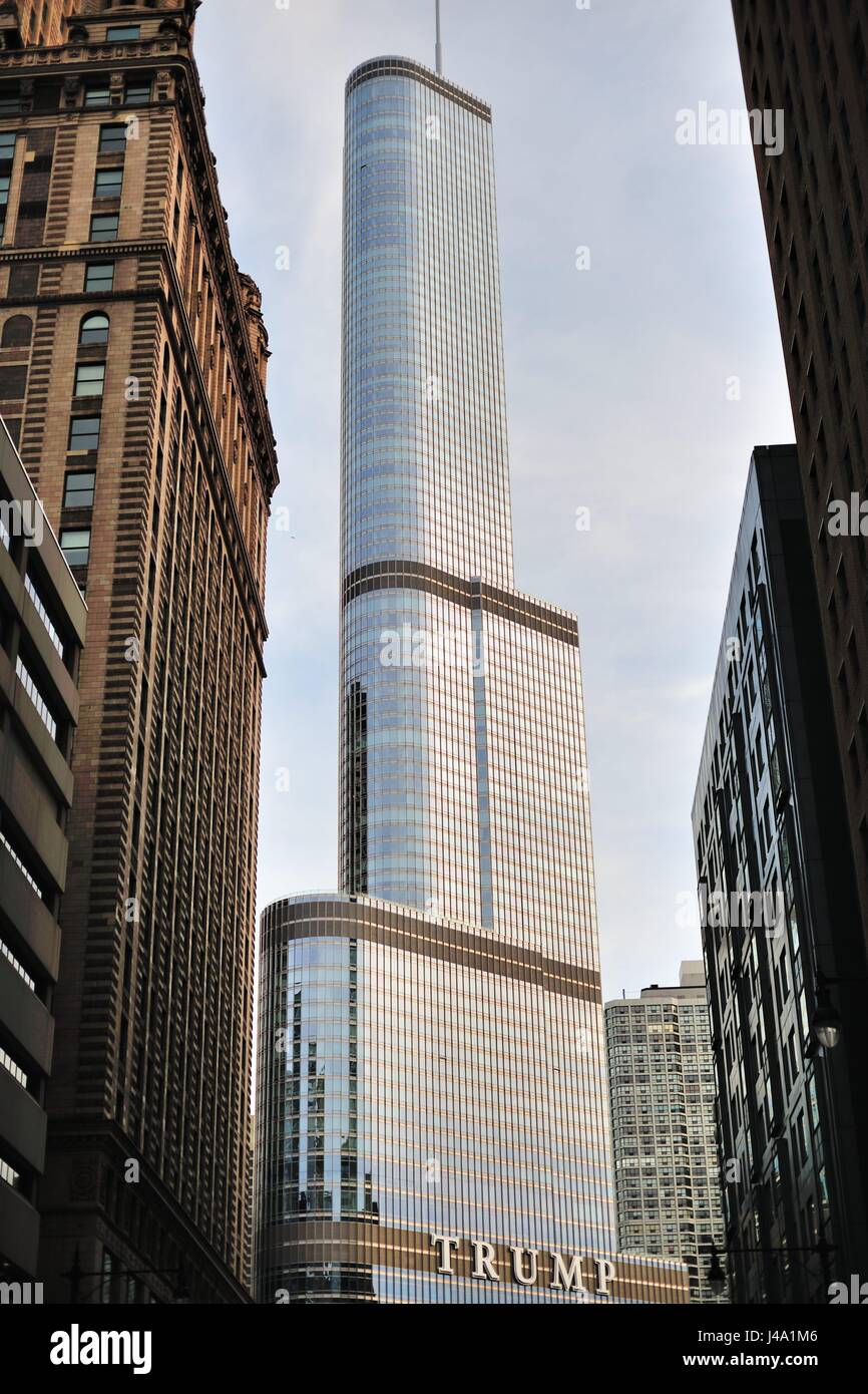 Chicago, Illinois, USA. Trump Tower as seen through the canyon formed ...