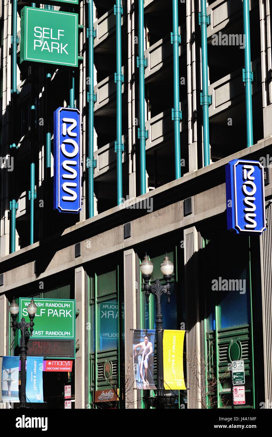 Chicago, Illinois, USA. A composite view of buildings and signs along ...