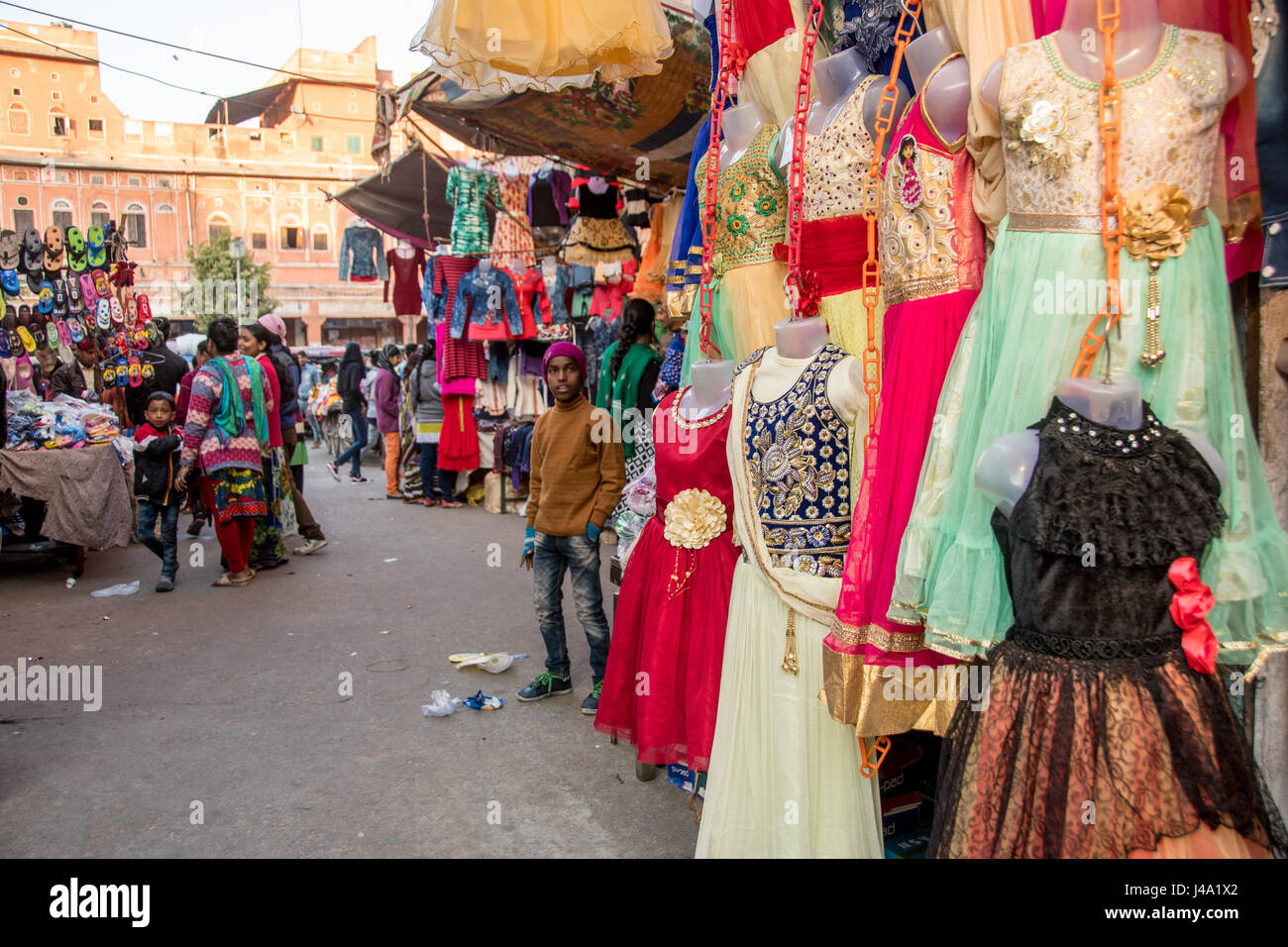 Johri Bazaar; Dresses hung in Indian marketplace in Jaipur, India Stock ...