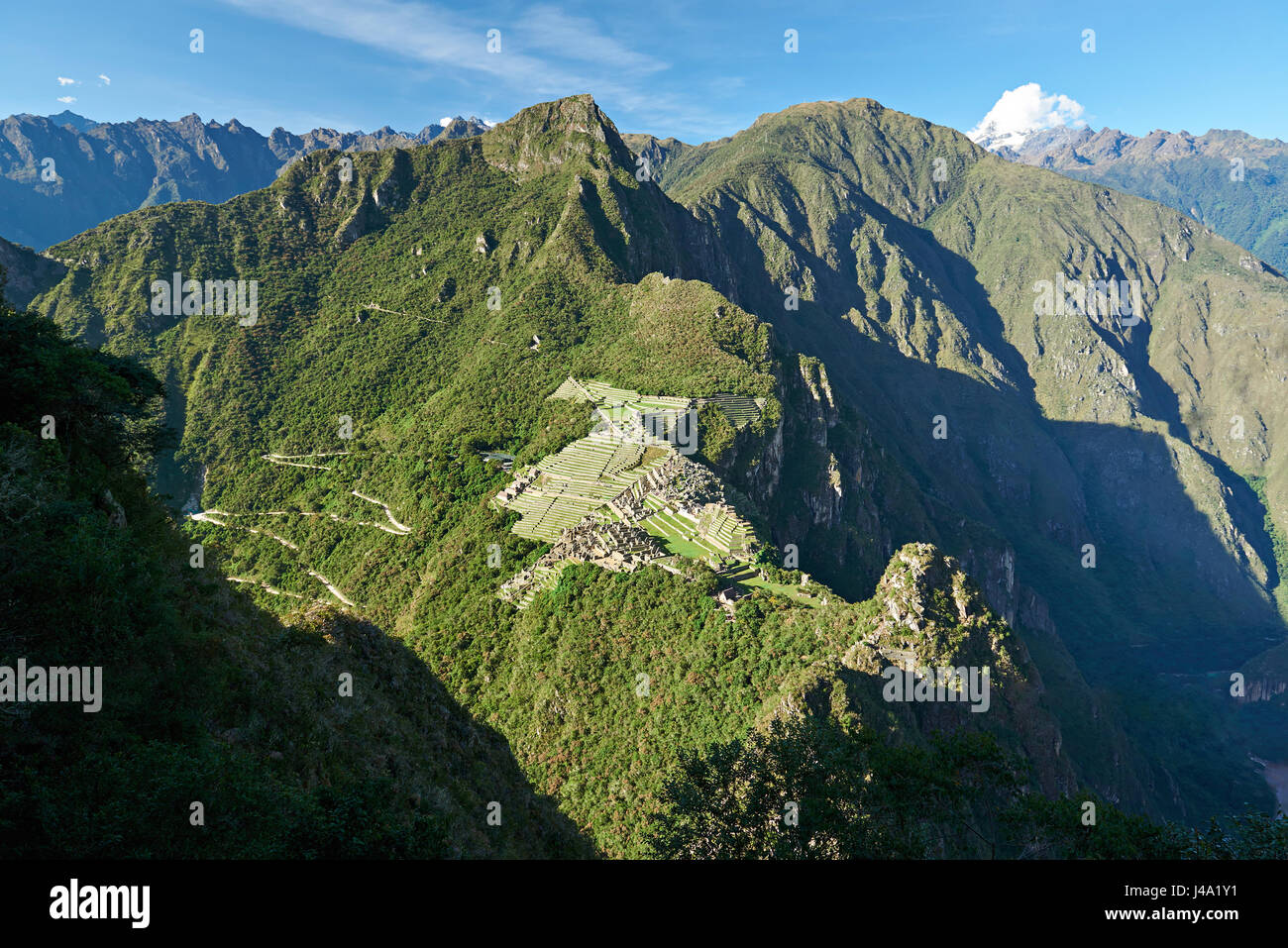 Inca old Machu Picchu town on mountain bird eye view. Above Machu ...