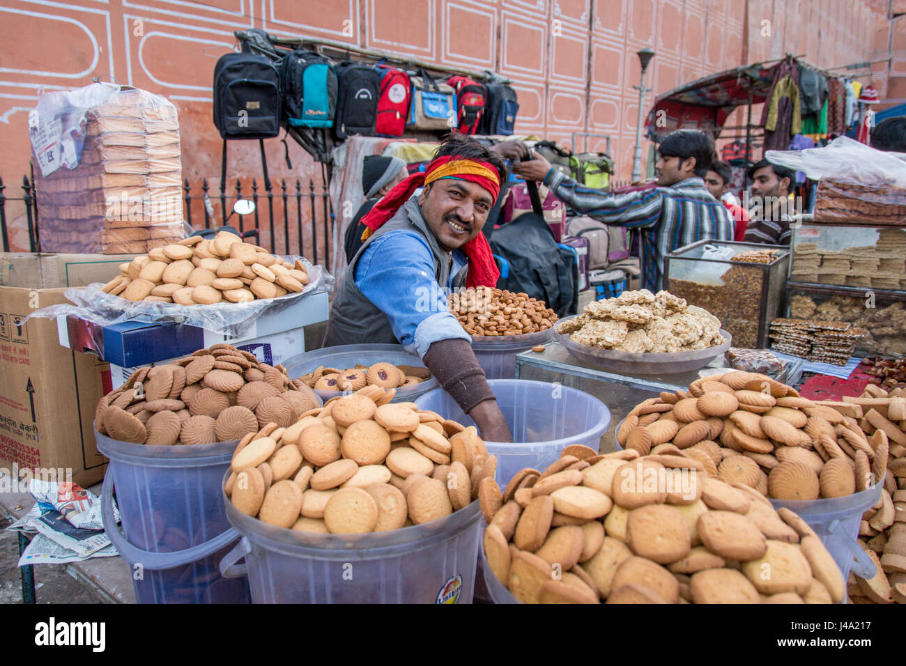 Johri Bazaar; Indian man selling cookies in Jaipur, India Stock Photo ...