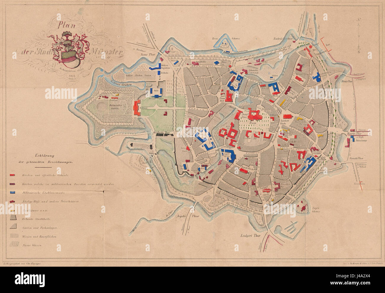 This 1854 map shows the layout of the city of MÃ¼nster, Germany. It ...