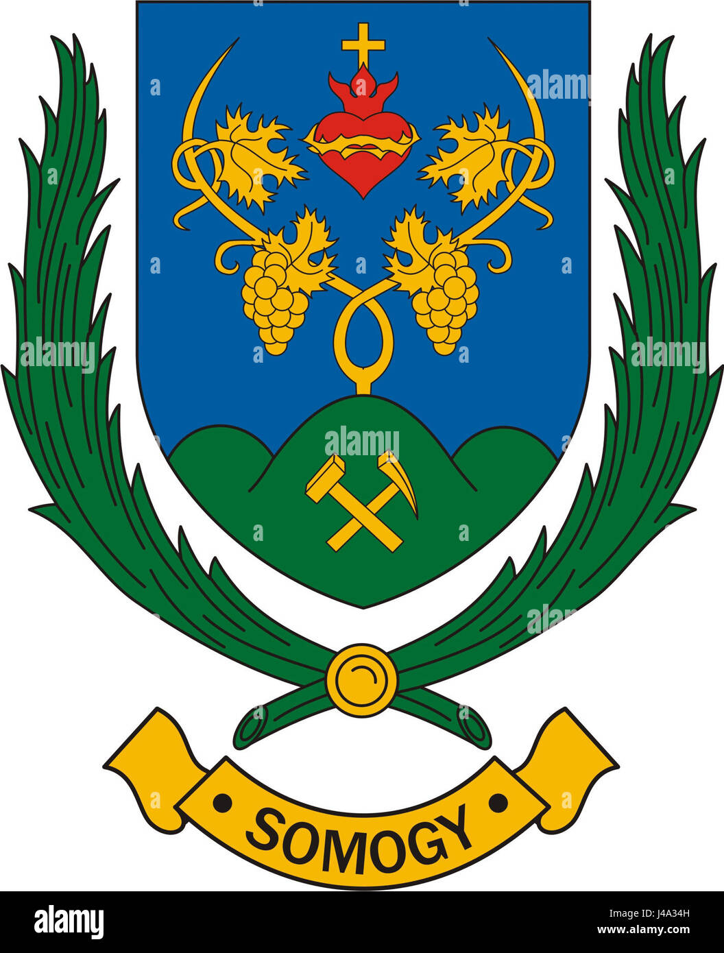 The coat of arms of Pecs, located in Somogy County, Hungary, symbolizes ...