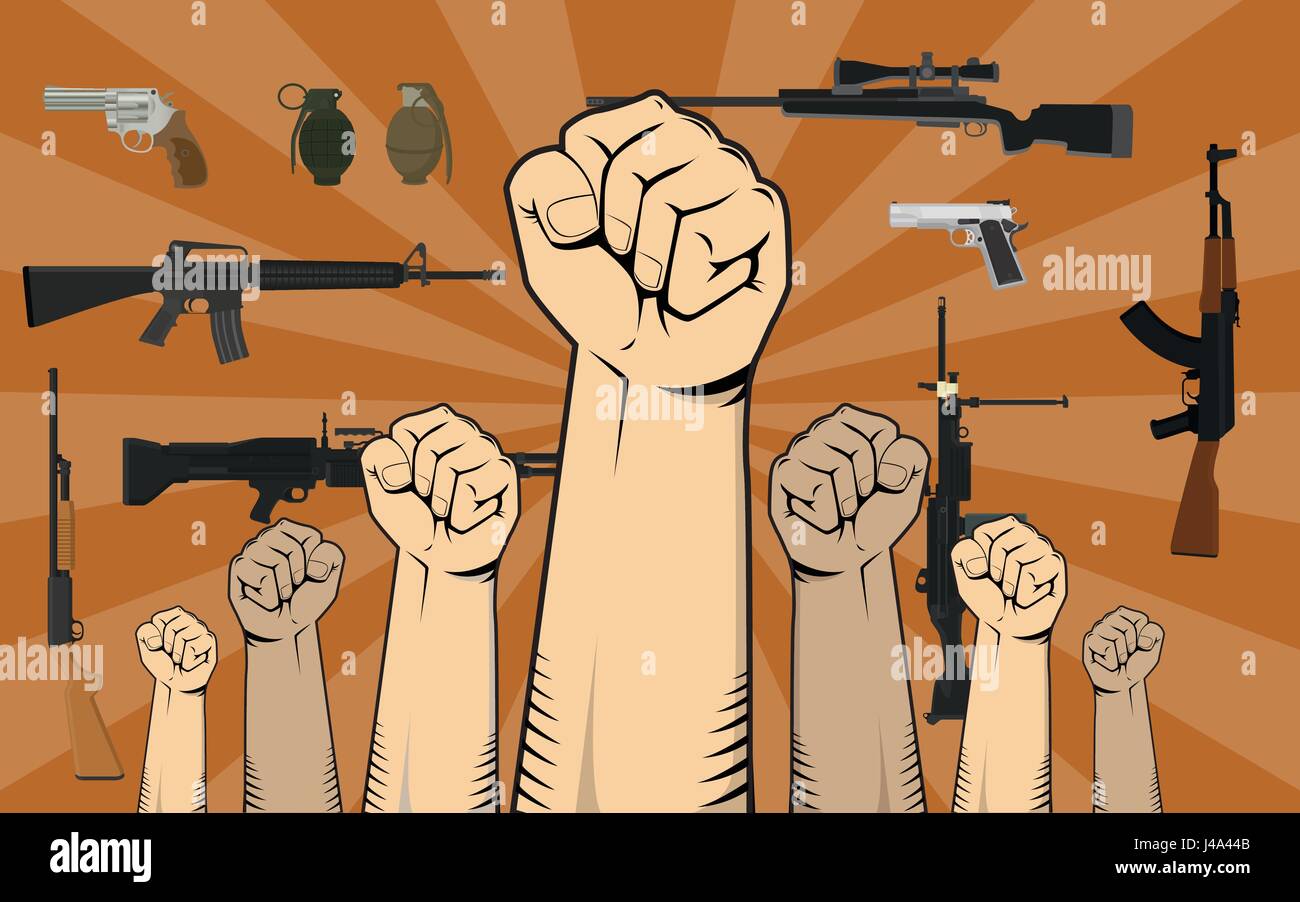 fight against gun control illustration with hand and a lot of different ...