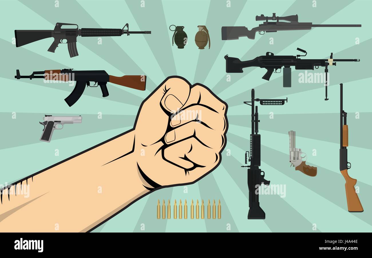 fight against gun control illustration with hand and a lot of different ...