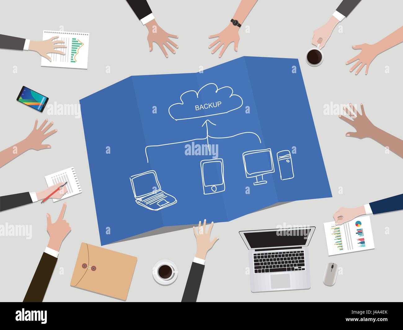 Cloud Service Concept backup data concept illustration with hand team ...