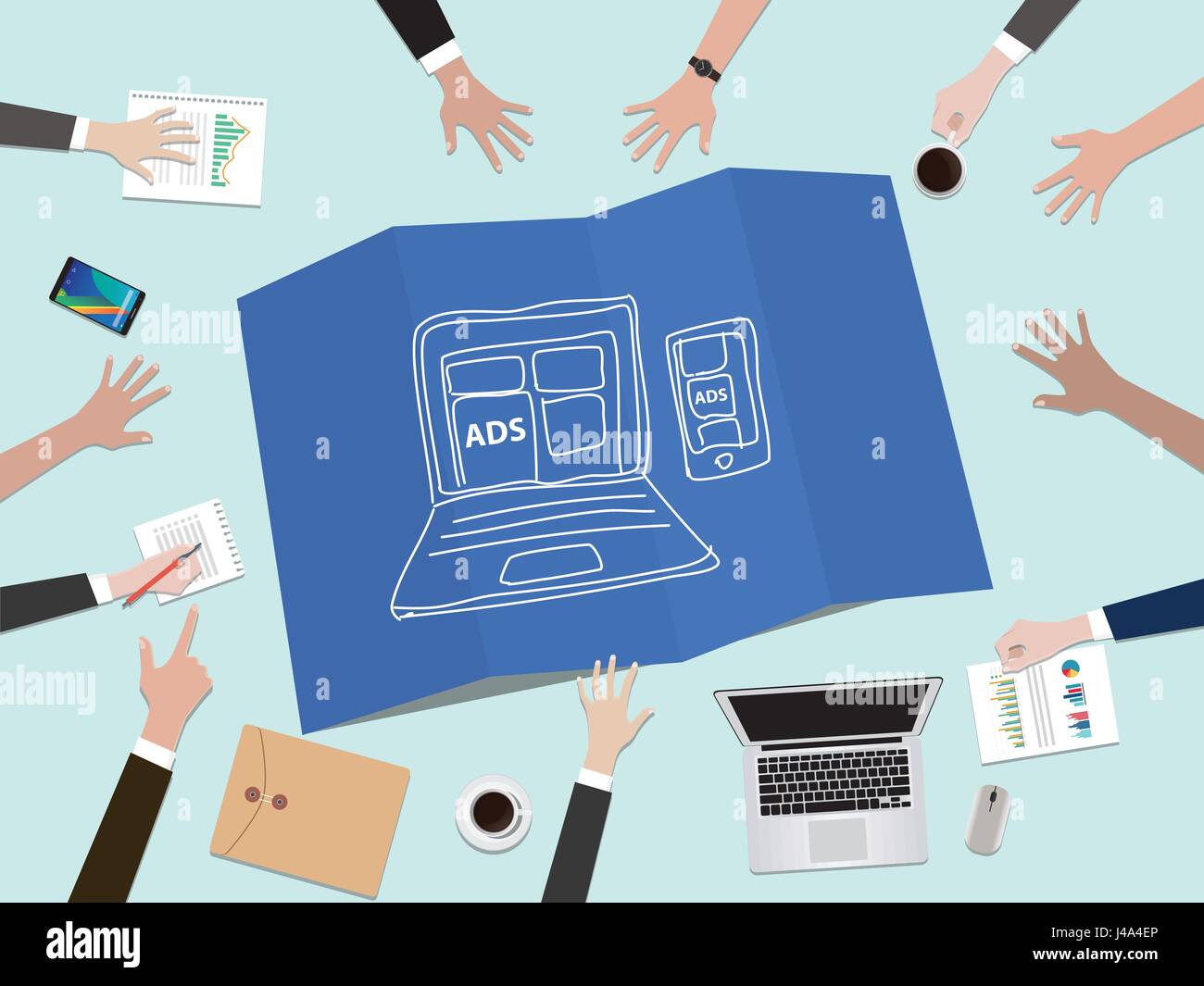 ads placement concept illustration with hand team work together on top ...