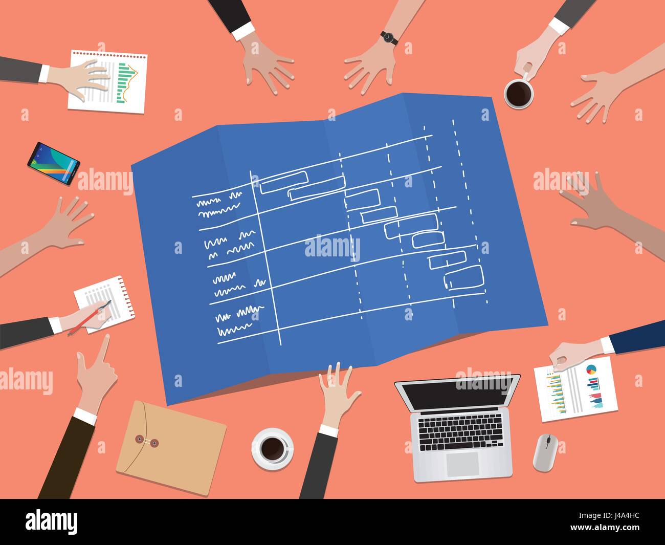 project timeline schedule concept illustration with hand team work ...