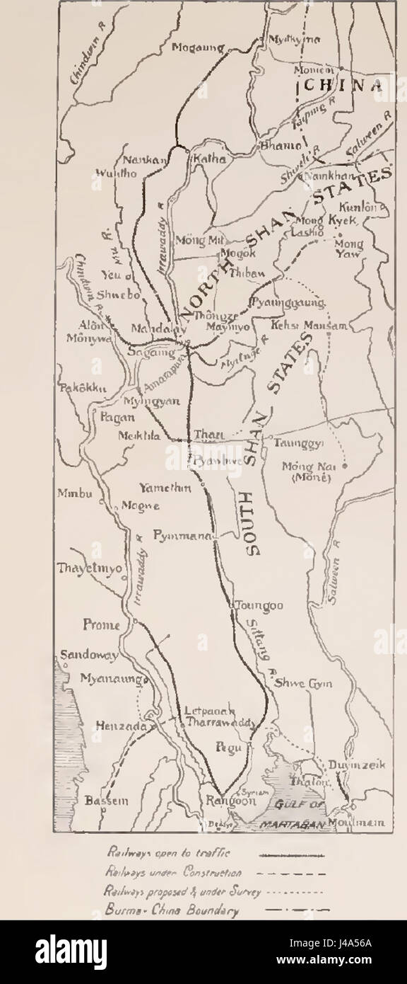 A historical depiction of railroads in Burma (now Myanmar), showing the ...