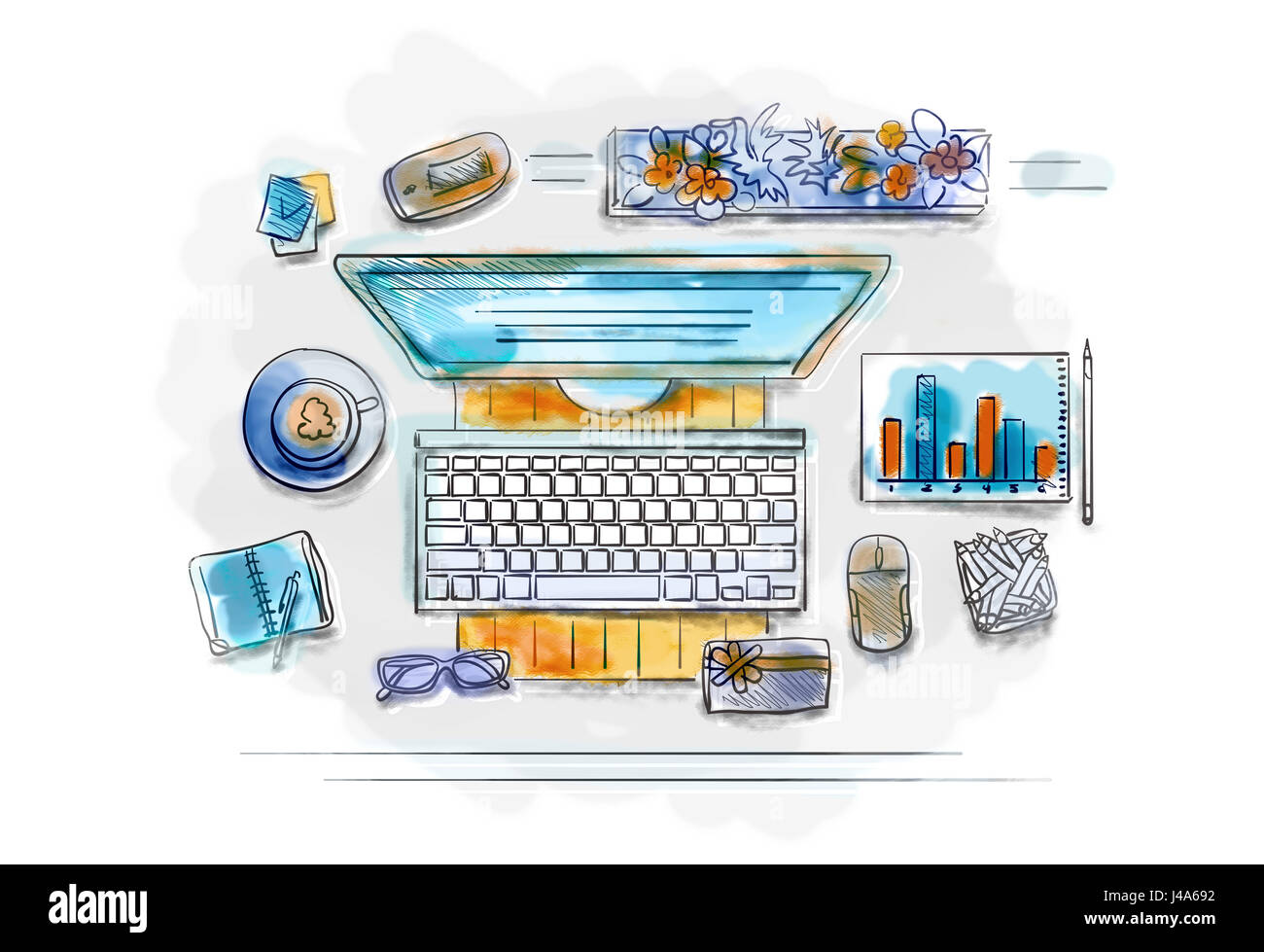 Drawn image of work table with objects Stock Photo - Alamy