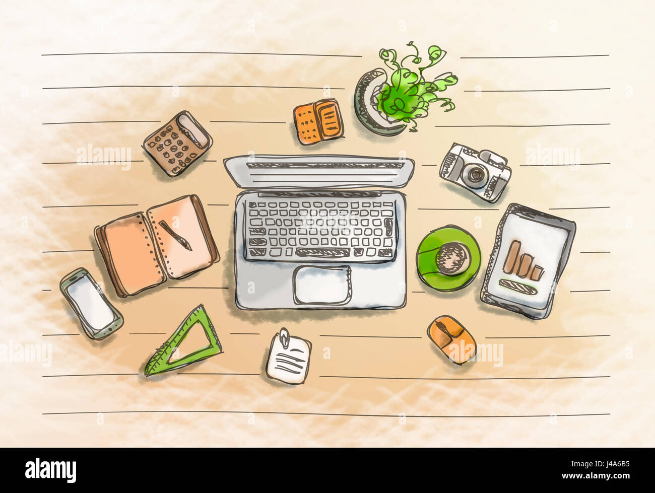 Drawn image of work table with objects Stock Photo - Alamy