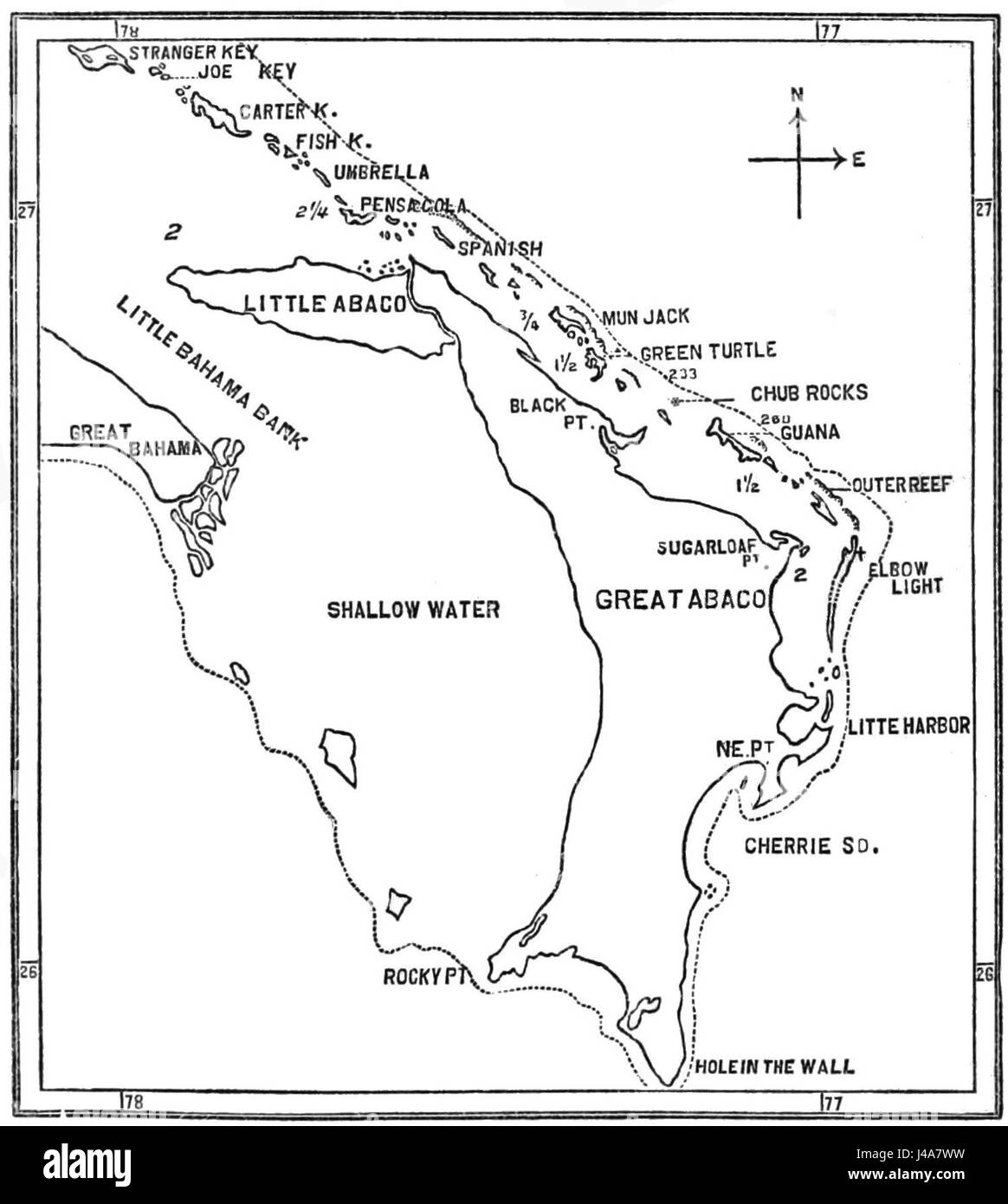 A detailed map of Abaco Island in the Bahamas and its surrounding reef ...