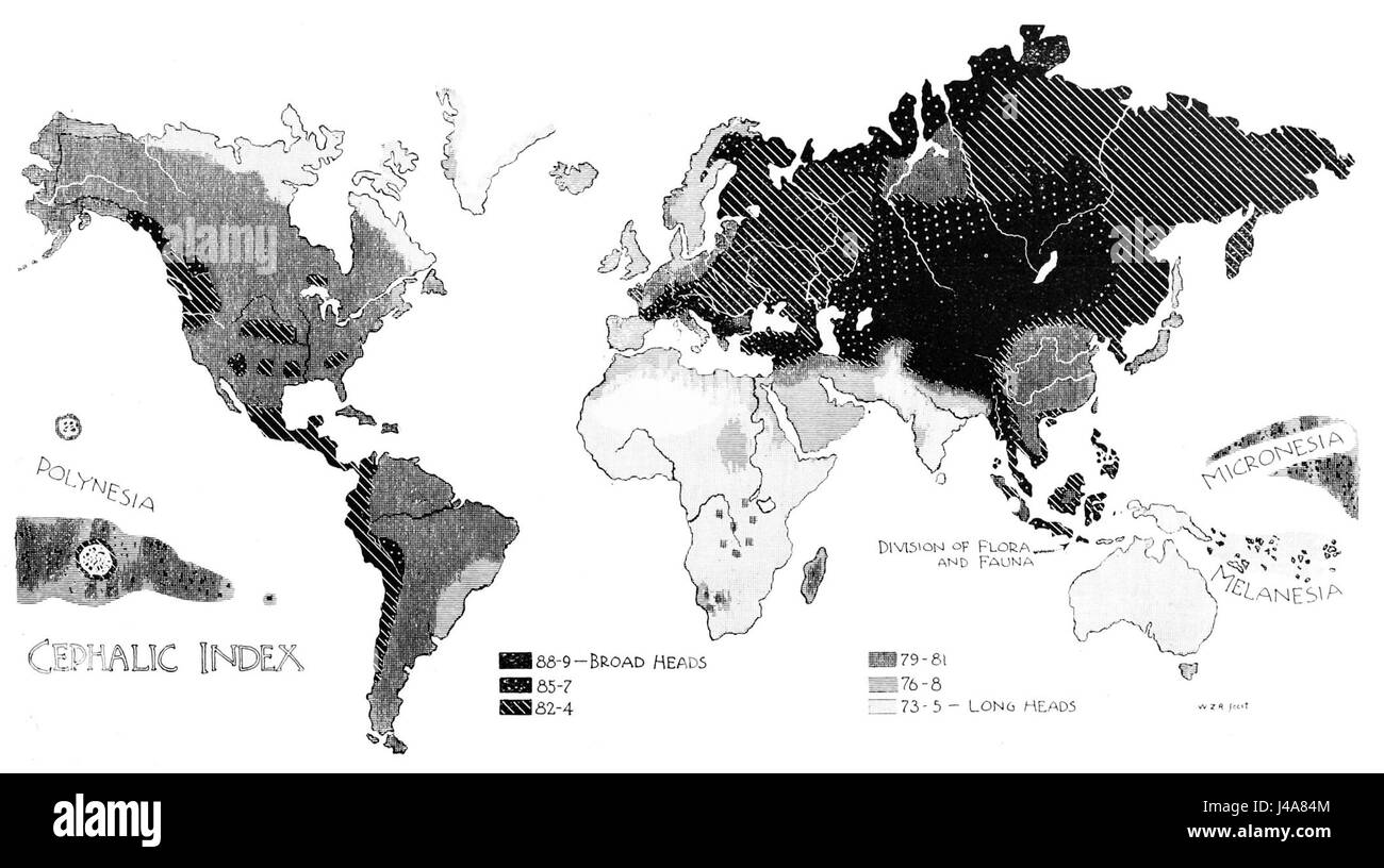 The world cephalic index map from the 19th century displays the ...