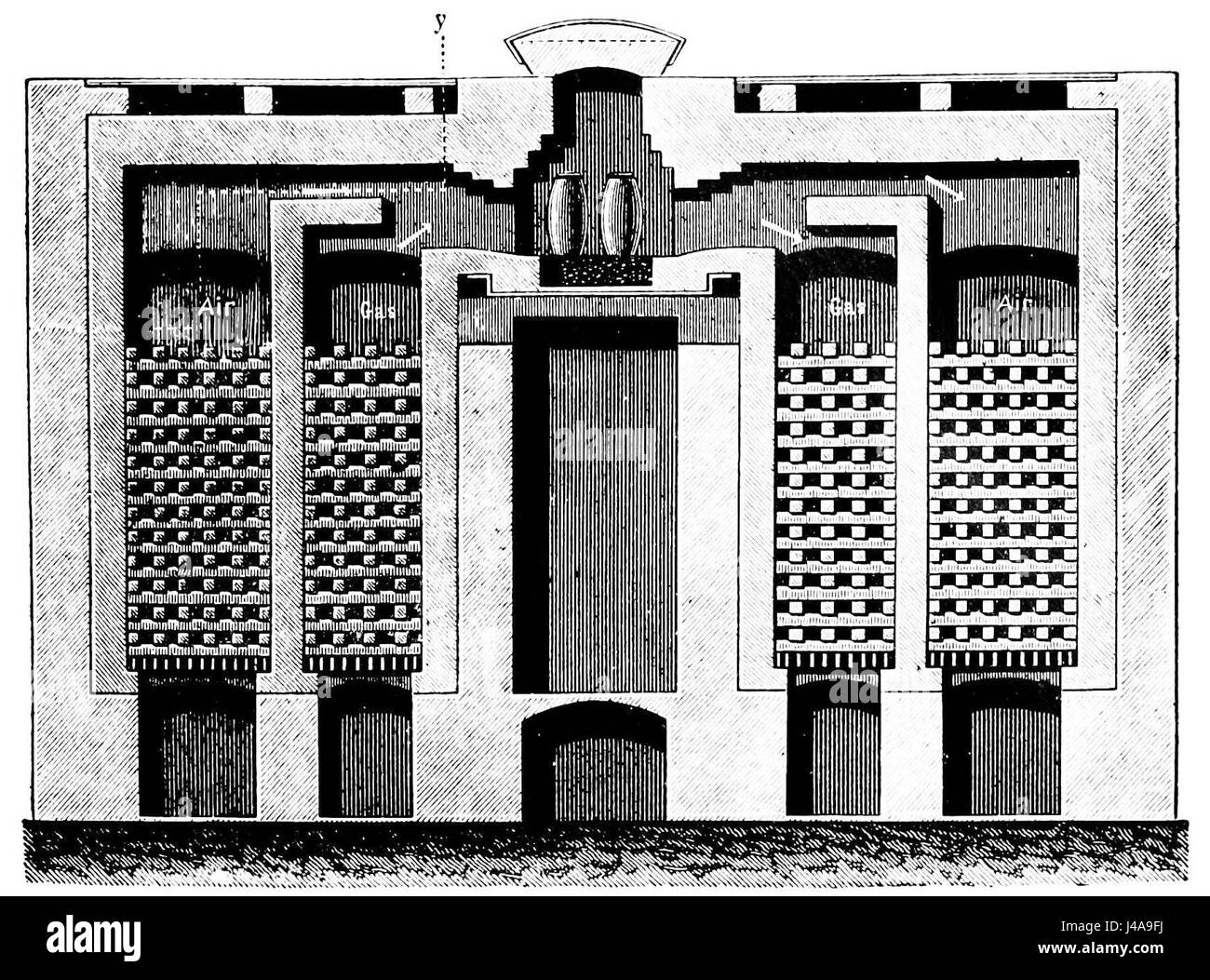 A cross-section of a Siemens furnace designed for melting steel in pots ...