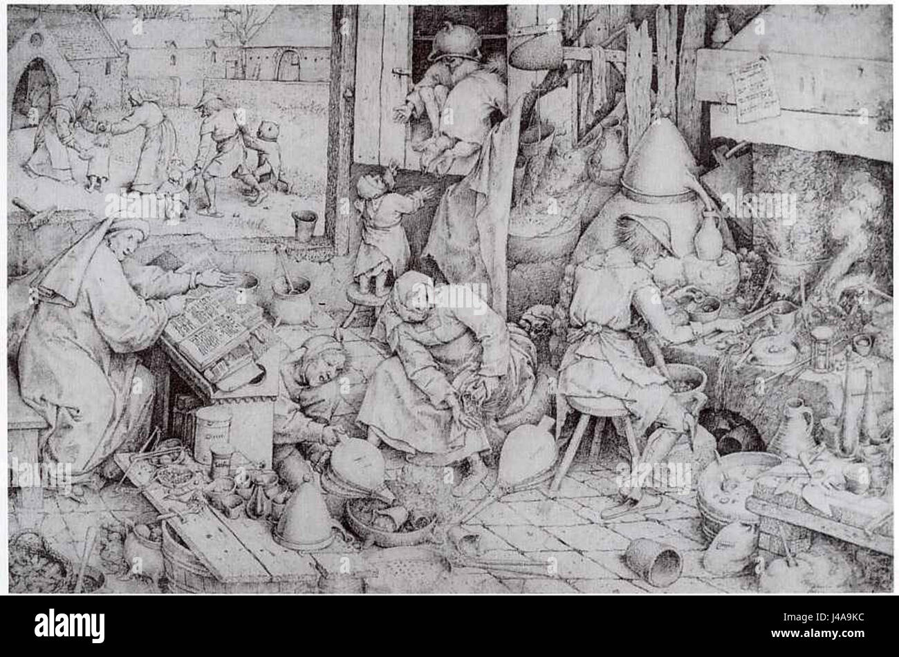 An engraving titled 'The Alchemist' by Pieter Brueghel the Elder ...