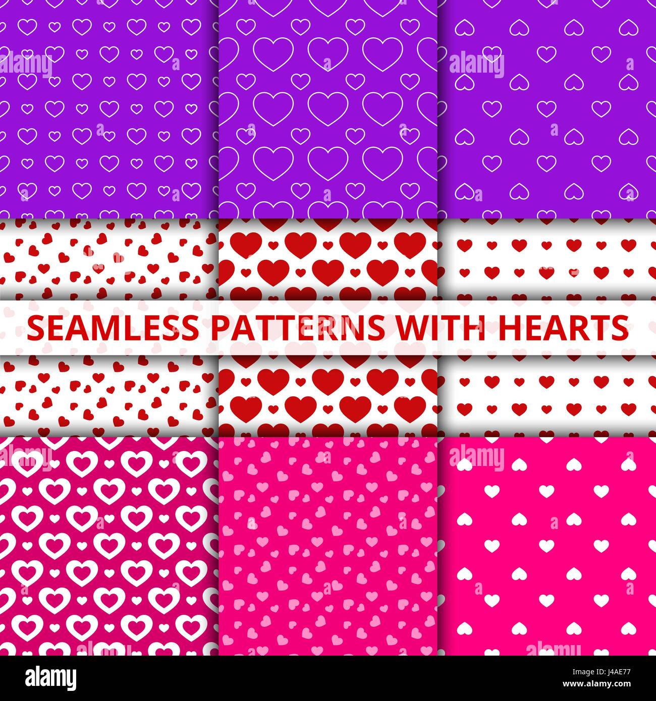 Collection seamless geometric patterns with hearts. Vector illustration ...