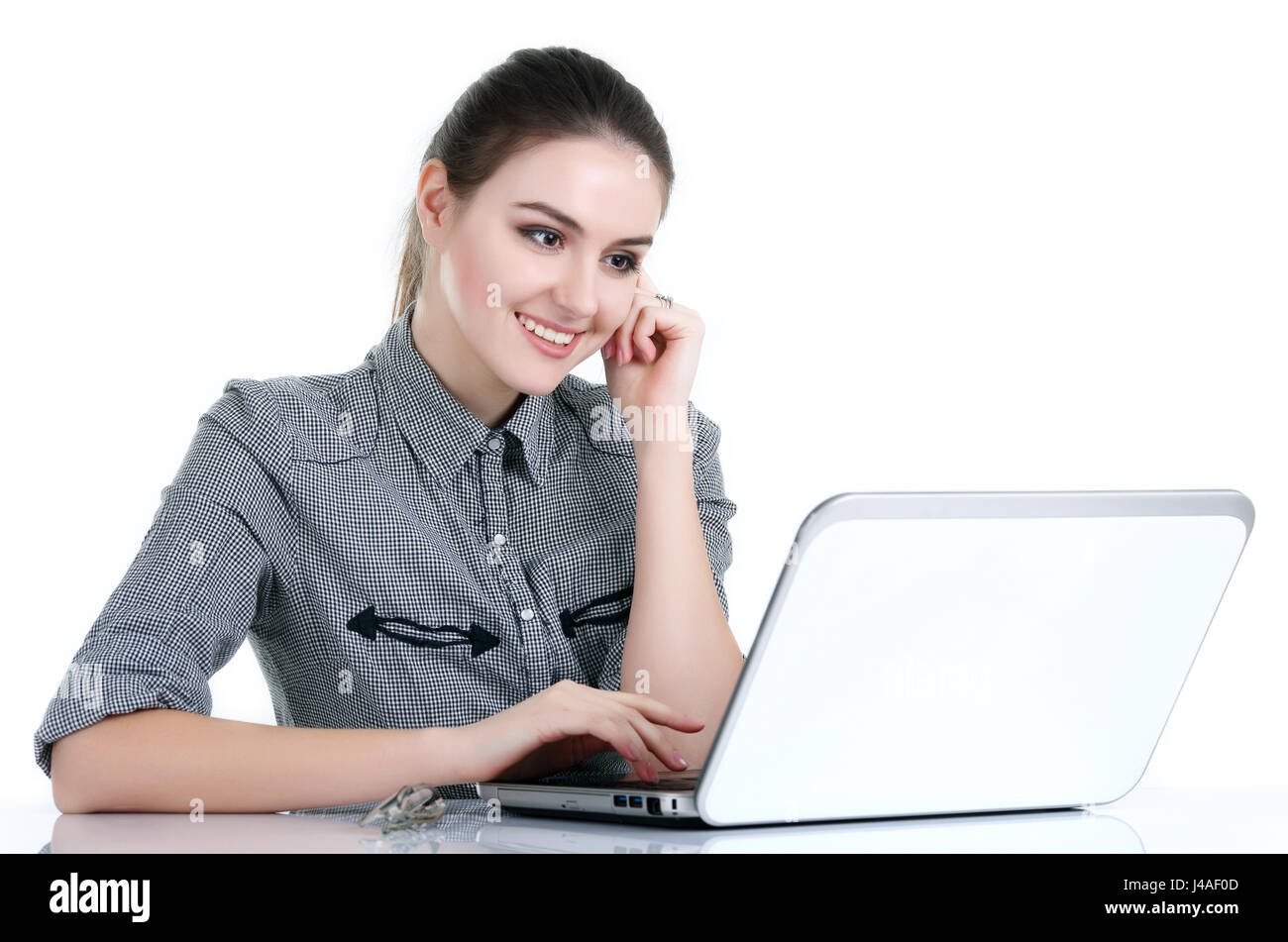 Female hands working on laptop isolated on white background Stock Photo ...