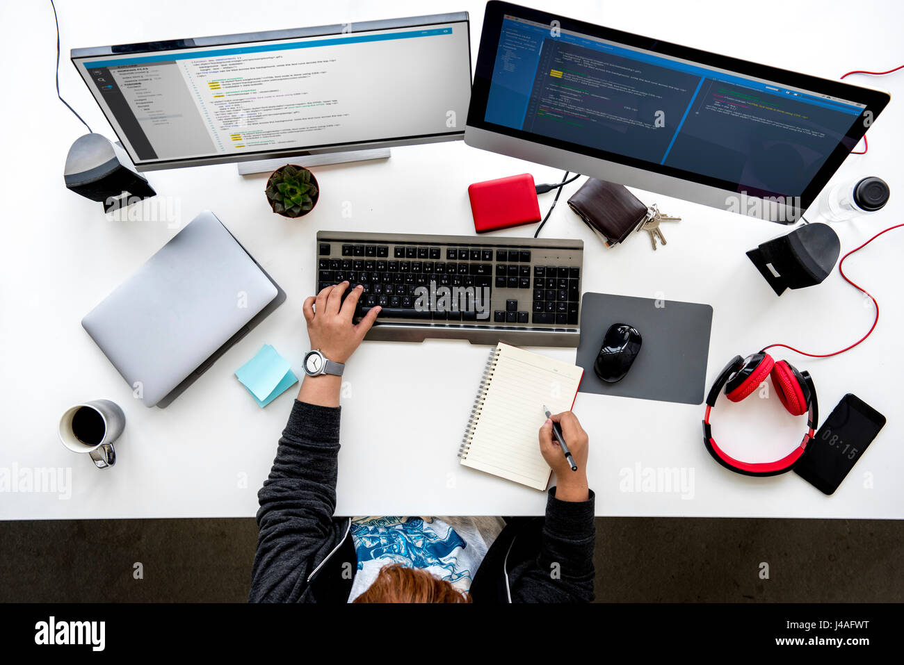 People Working on Computer PC on White Table Stock Photo - Alamy