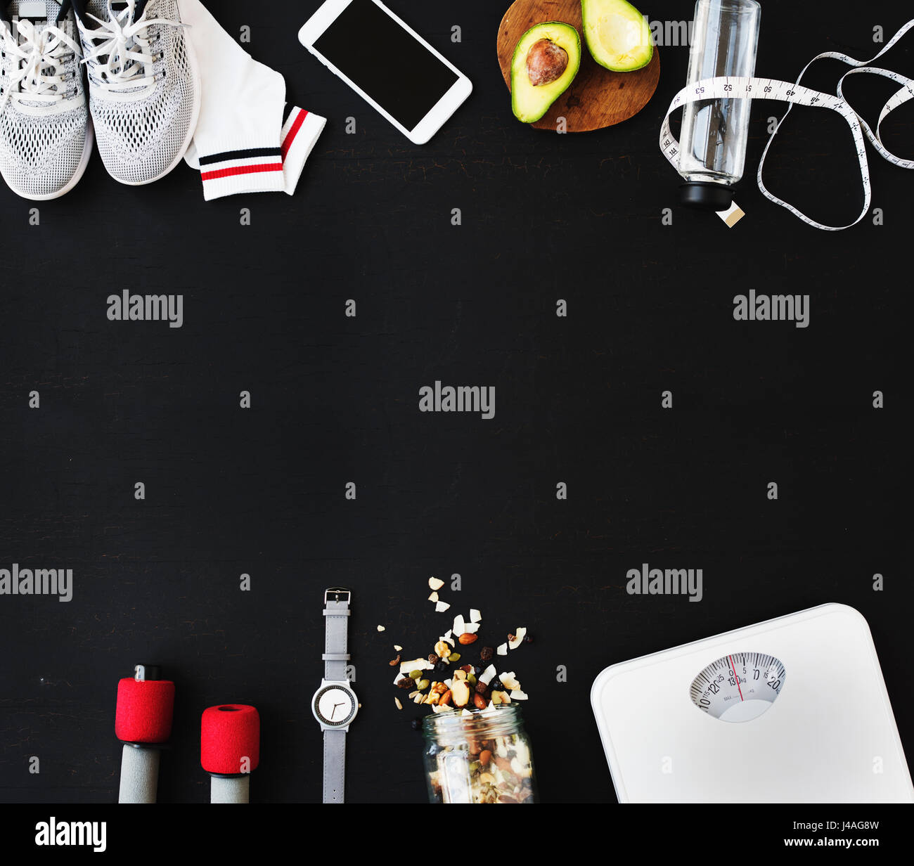 Healthy Living Lifetsyle Exercise Stuff on Black Table Stock Photo - Alamy