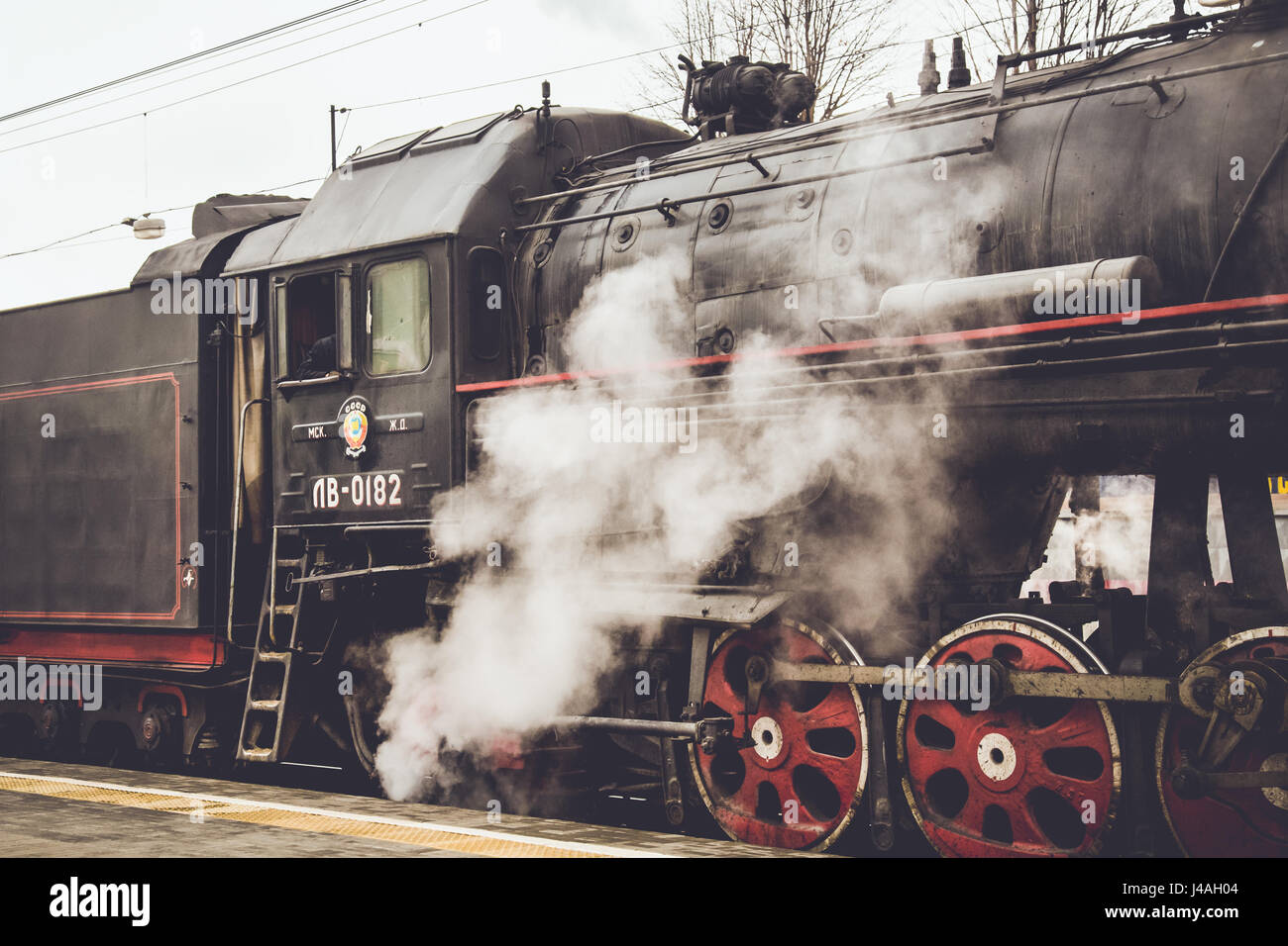 Moscow, Russia - April 04, 2015: Old Soviet steam locomotive. Retro ...