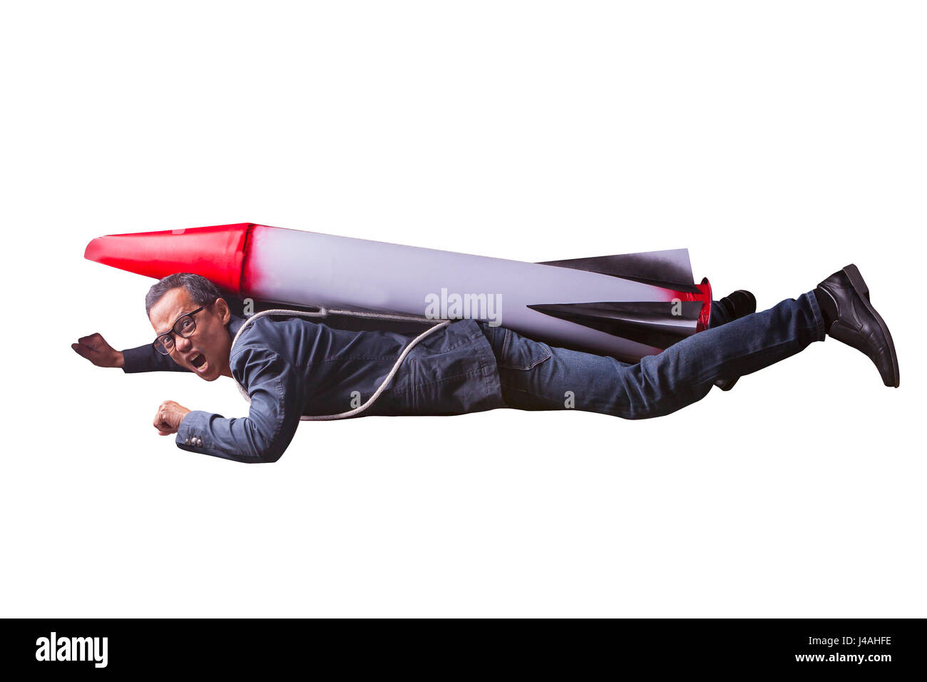 asian business man flying with rocket power isolated white background ...